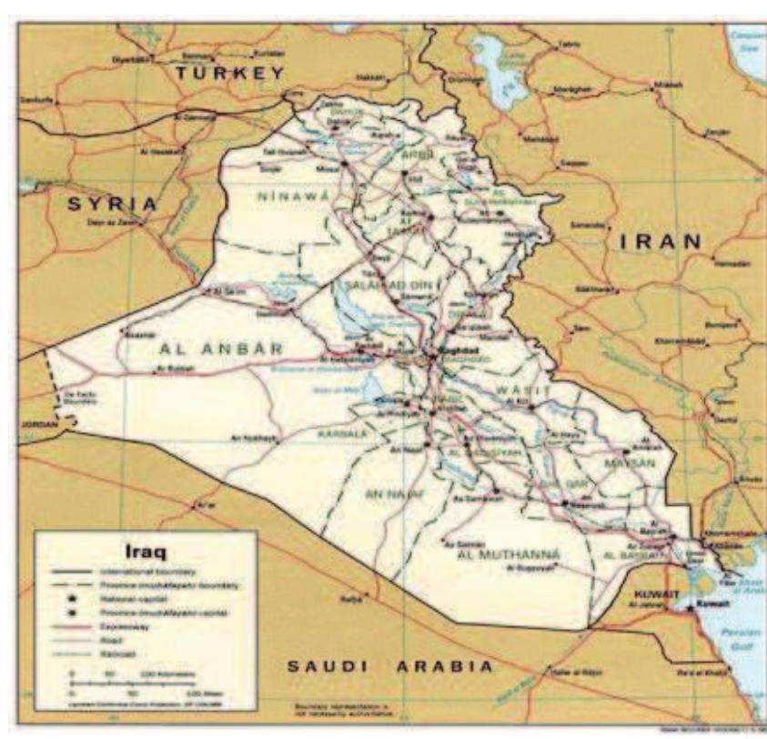 Map of iraq showing the tigris and euphrates rivers.