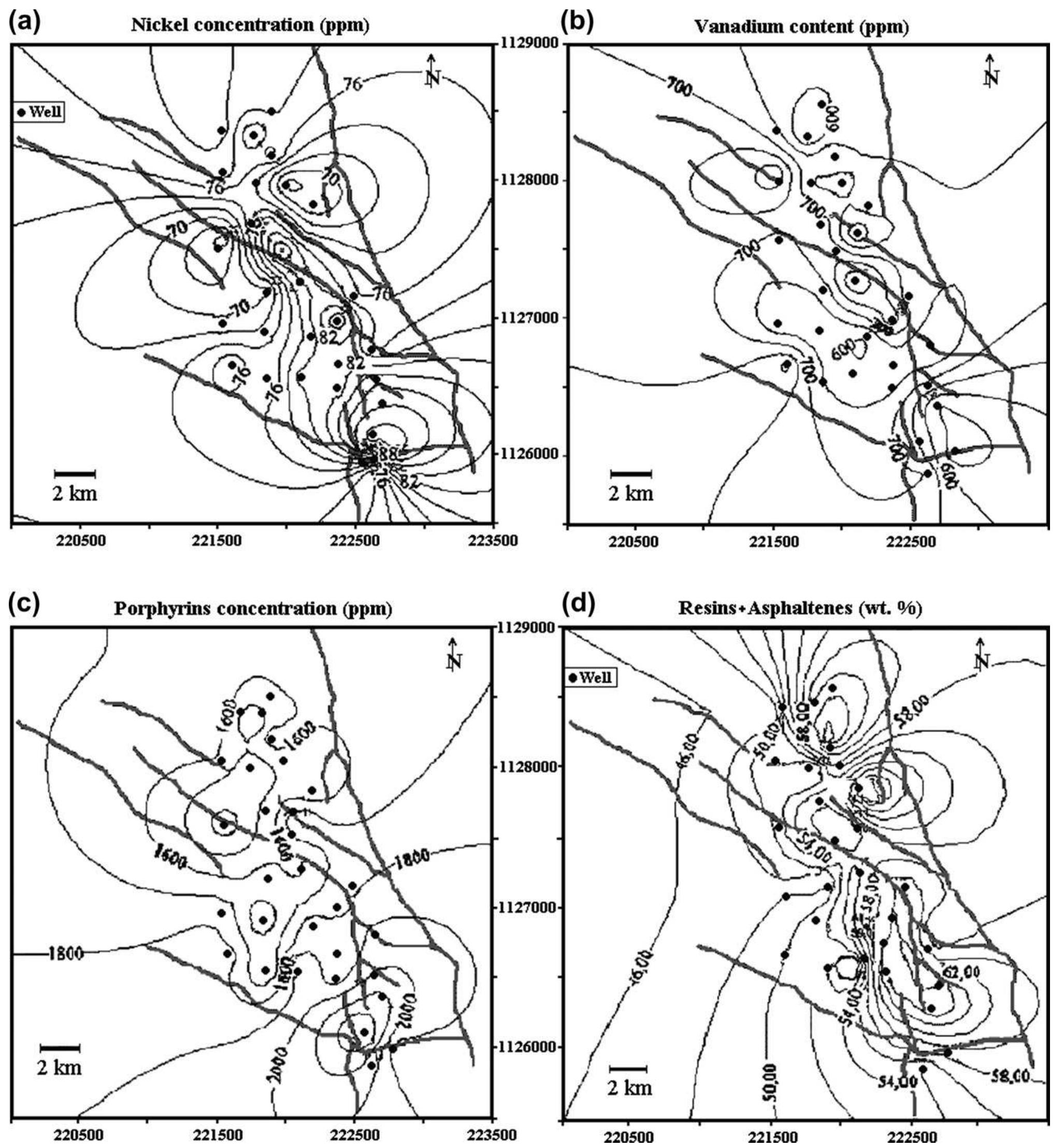 (a), (b), (c) and (d), respectively, isoconcentration map of
