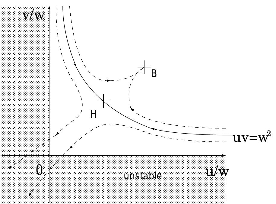 Renormalization group flow in the (u1/ui2,u2/ui2) plane. (in