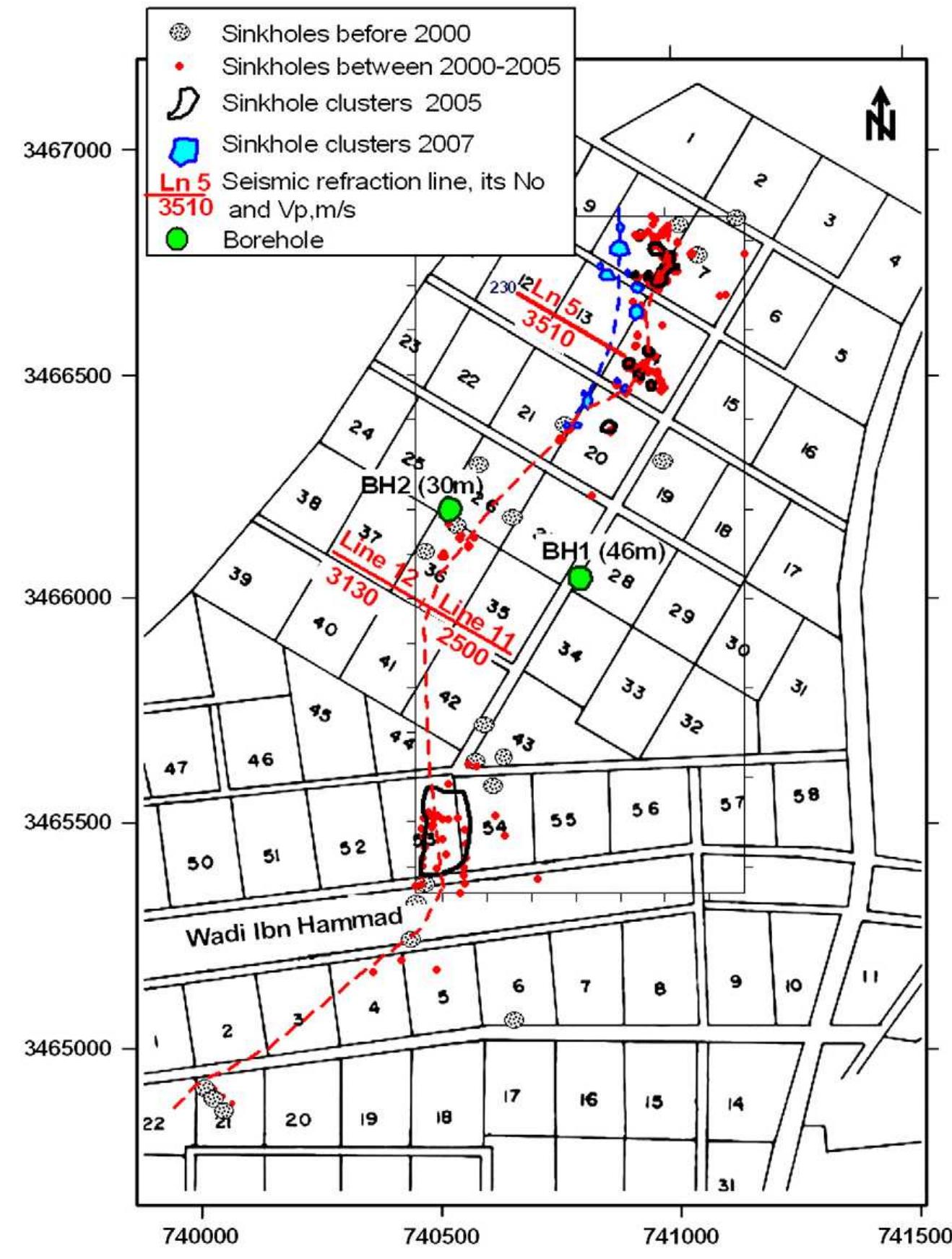 Ghor al-haditha map with seismic refraction lines (after