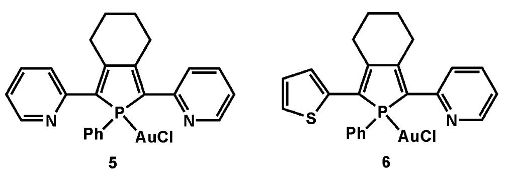 Chemical structures of the gold-phosphole complexes 5-6.