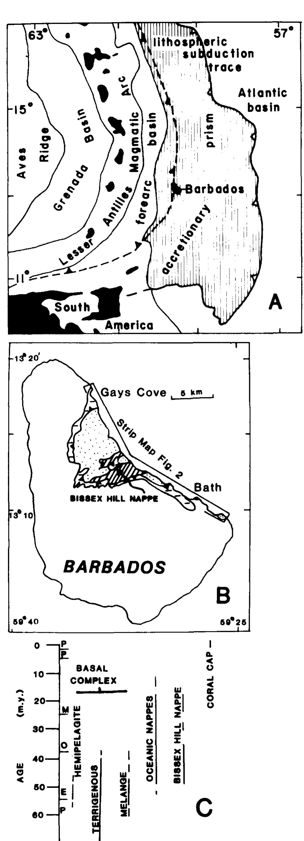 (a) area location map. (b) geologic map of barbados: