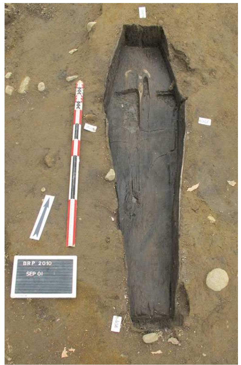 Hexagonal wooden coffin. the wood is perfectly preserved due