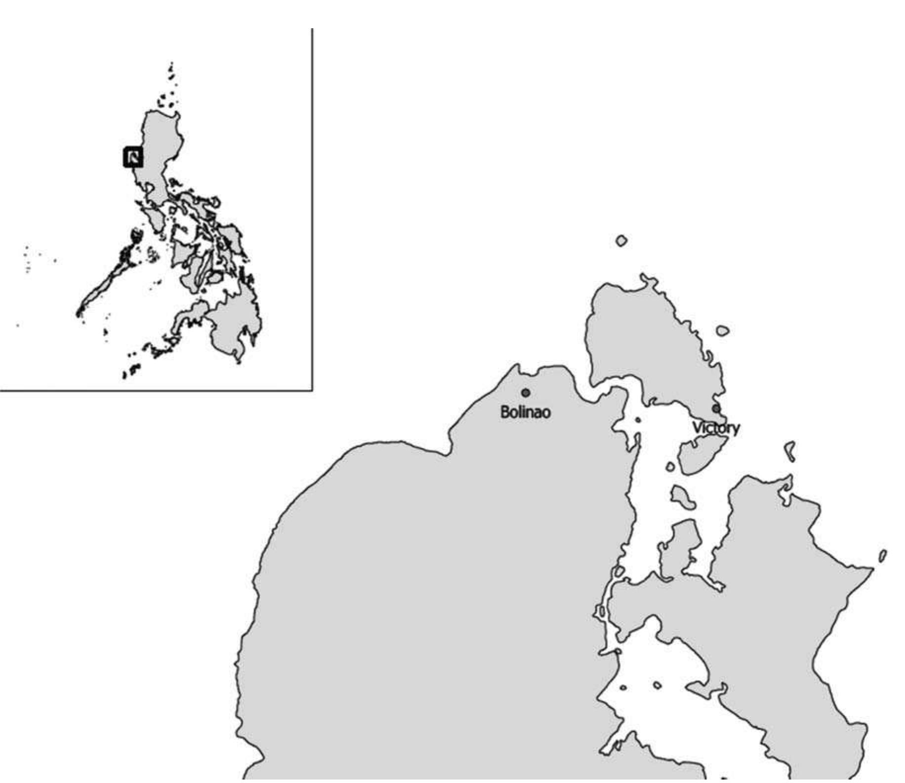 Map of bolinao town proper and barangay victory. the