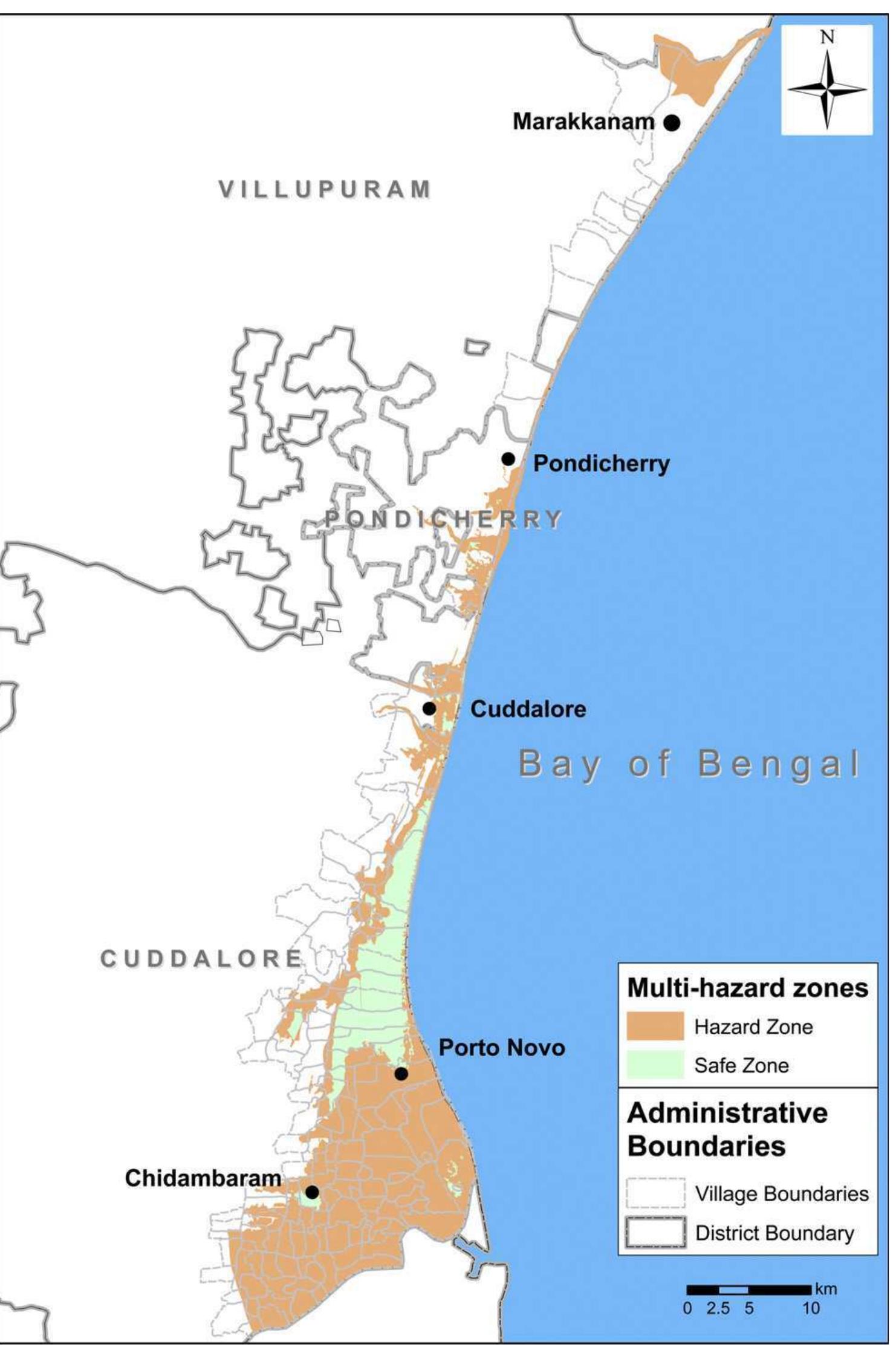 Map showing the multi-hazard zones and safe zones pertaining