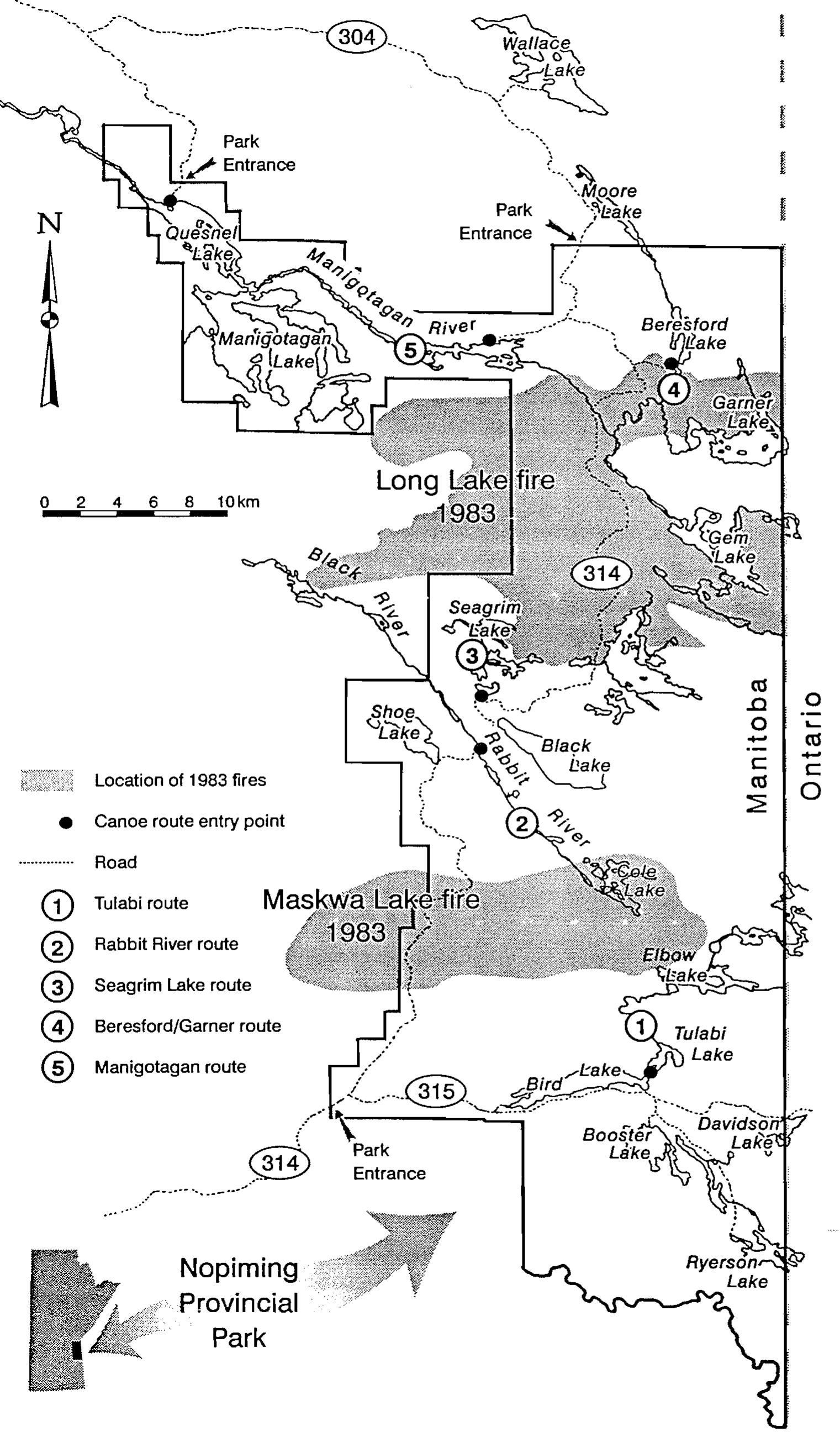 Map of nopiming provincial park, manitoba, showing the five