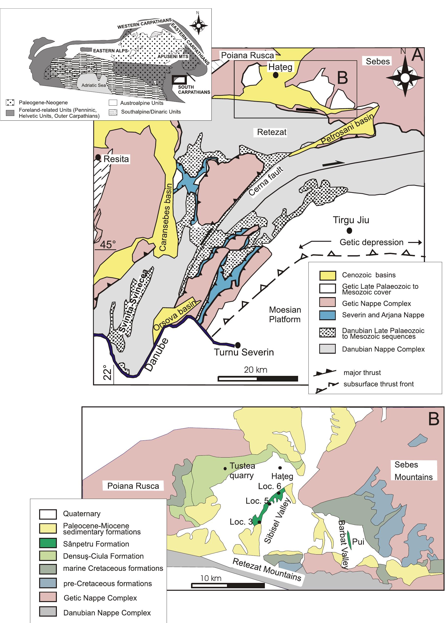 A — geological map of the study area; b — hateg basin — the