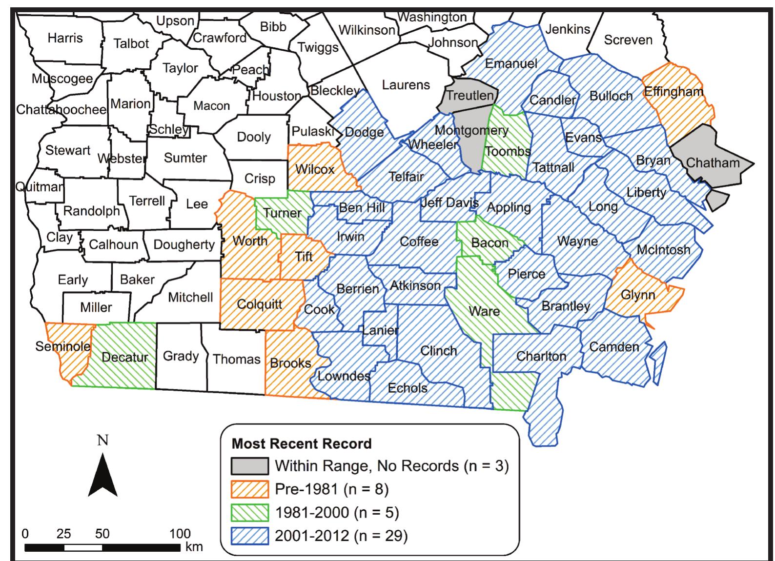 Map of southern georgia showing the most recent record of