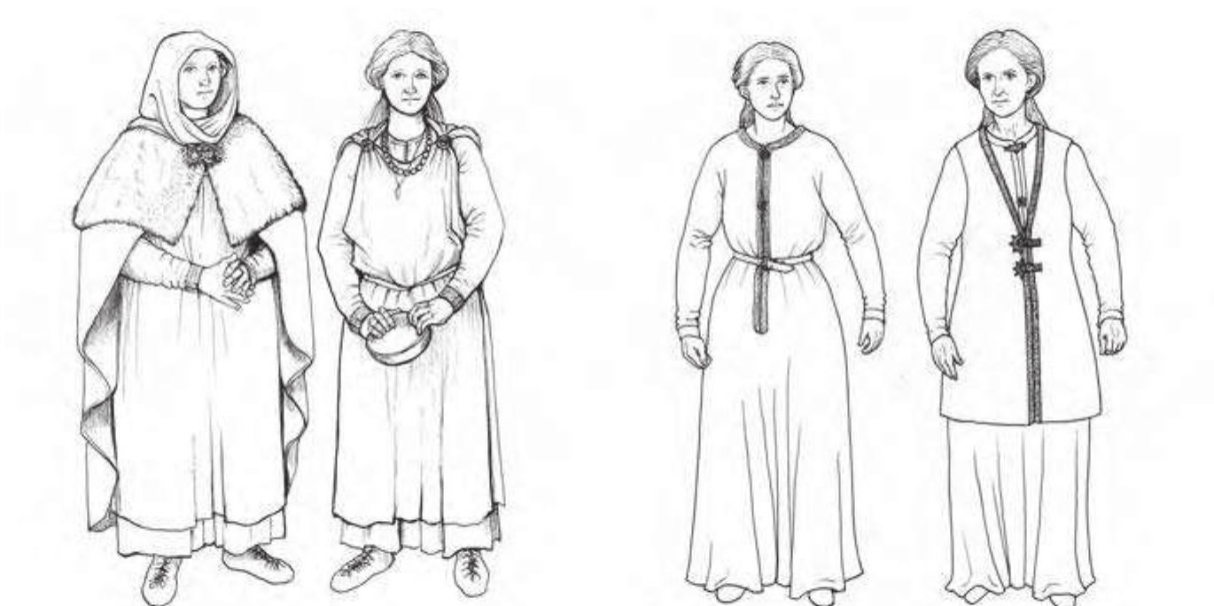 Reconstructed costumes showing women with and without their