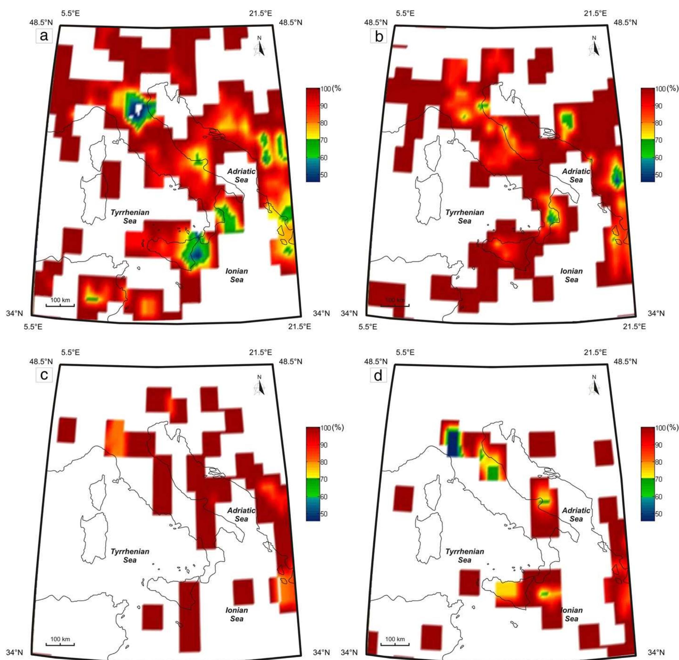 Reliability maps for the different depth ranges, showing the