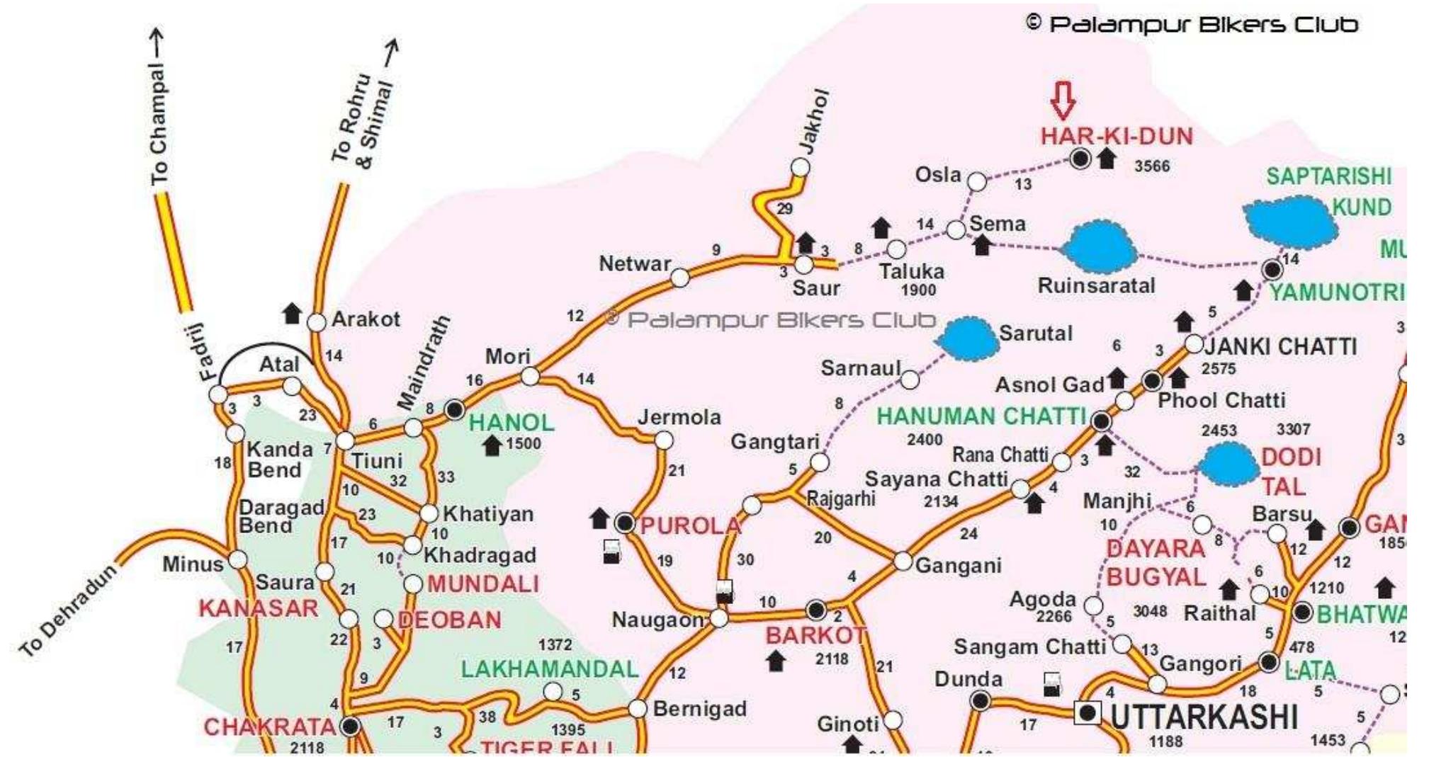 This map shows the trek route from naugaon to har-ki-dun the