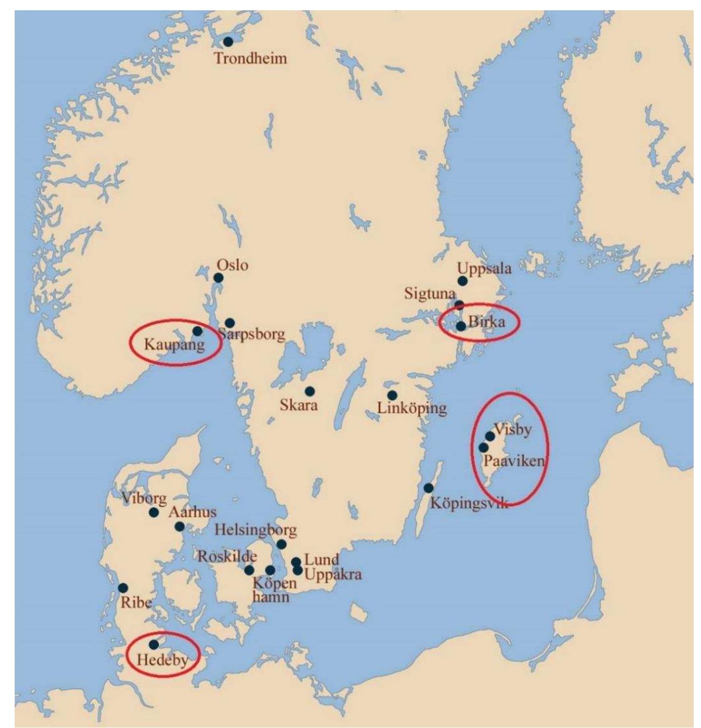 8 map showing viking age settlement sites of kaupang, birka,