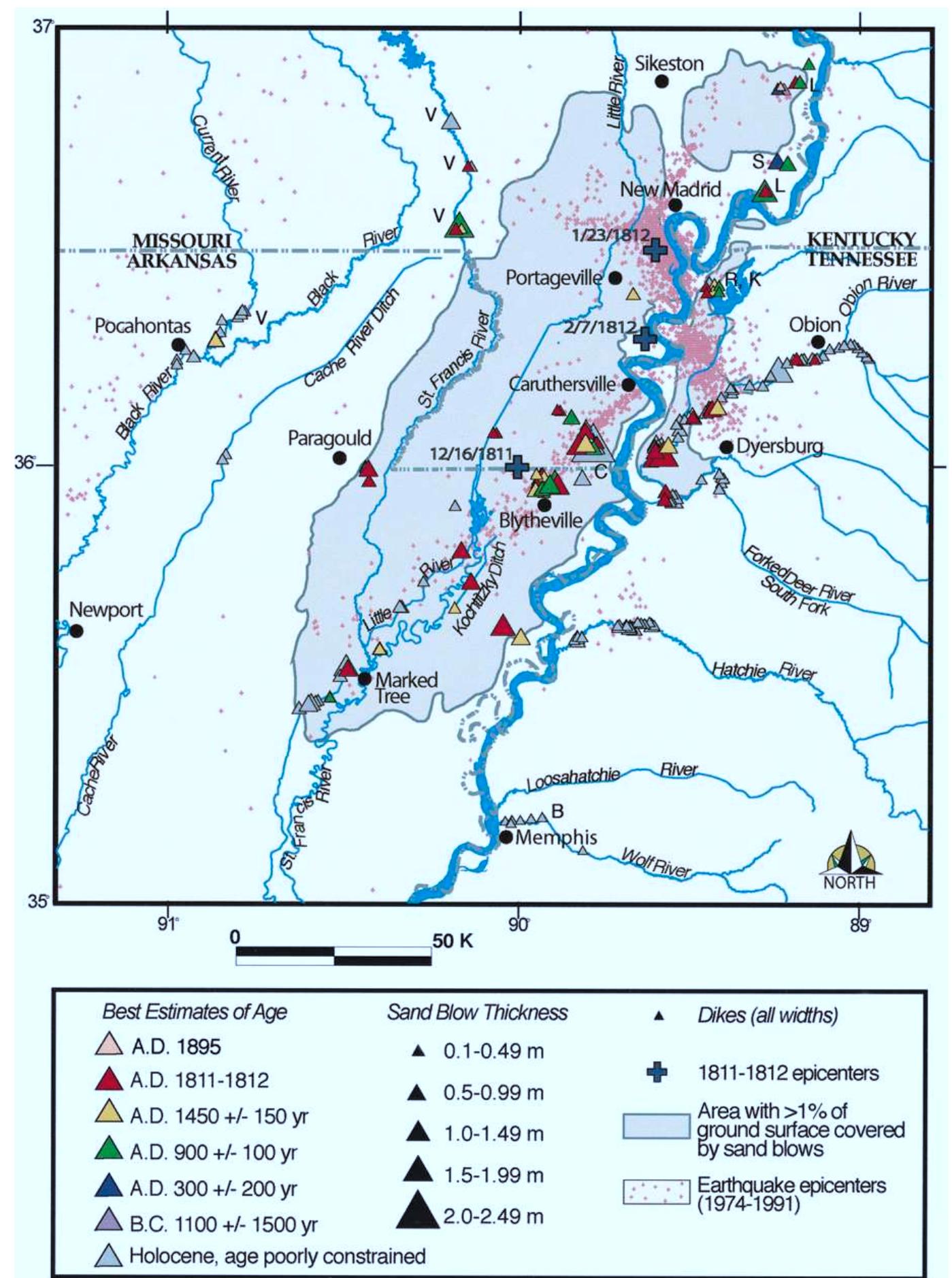 | map of nmsz showing estimated ages and measured sizes of