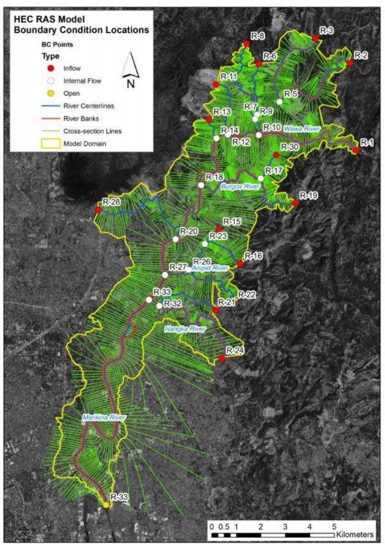 Map showing the hec ras model boundary condition locations.
