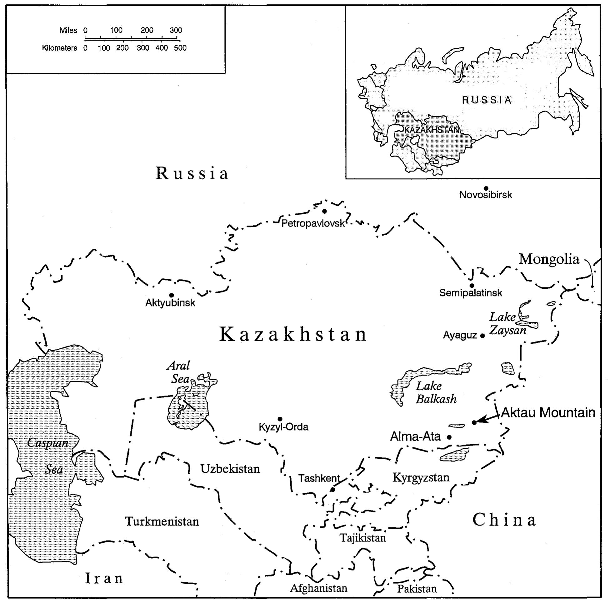 Map of kazakstan showing location of aktau mountain.