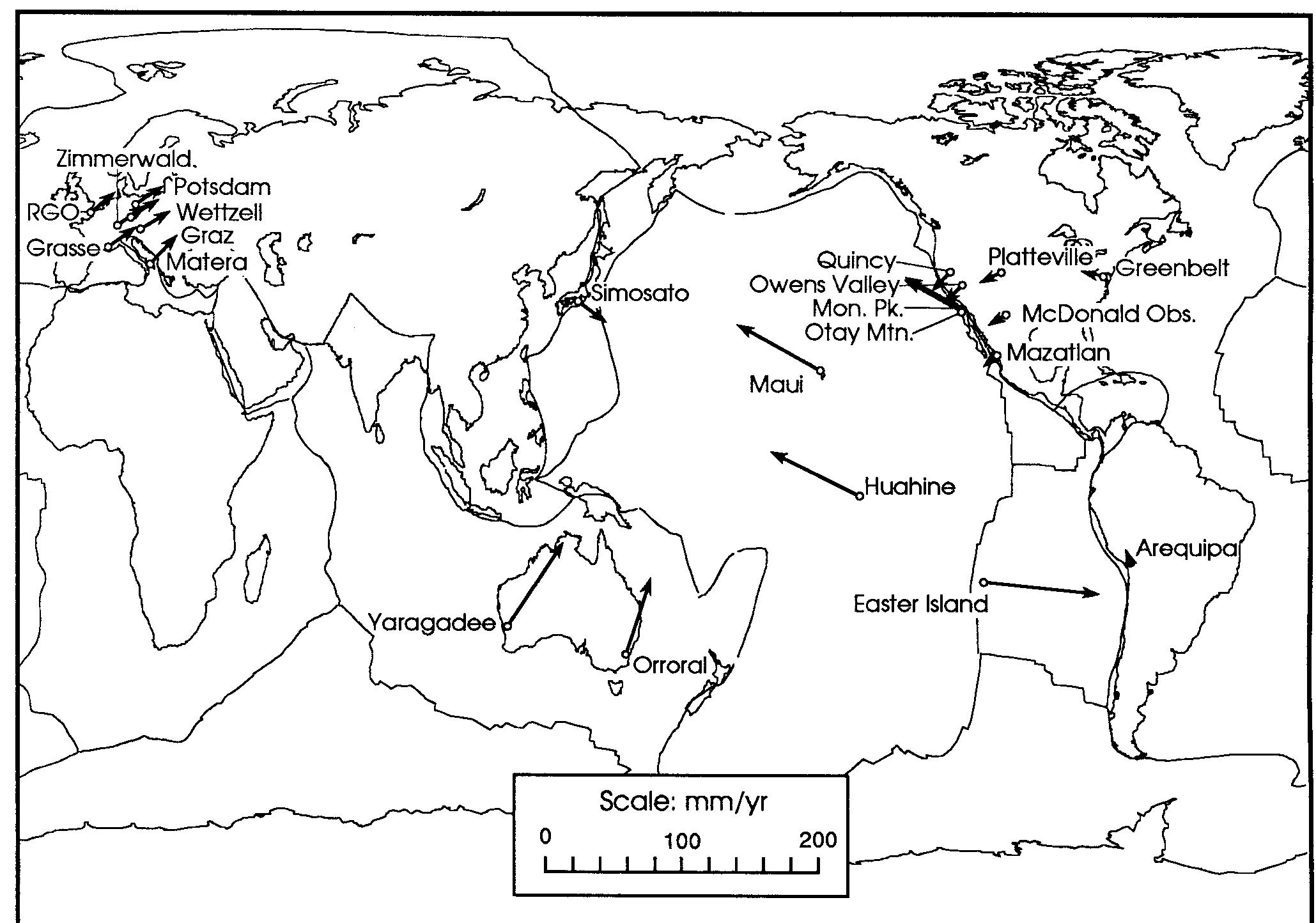 World map with simplified tectonic boundaries showing the