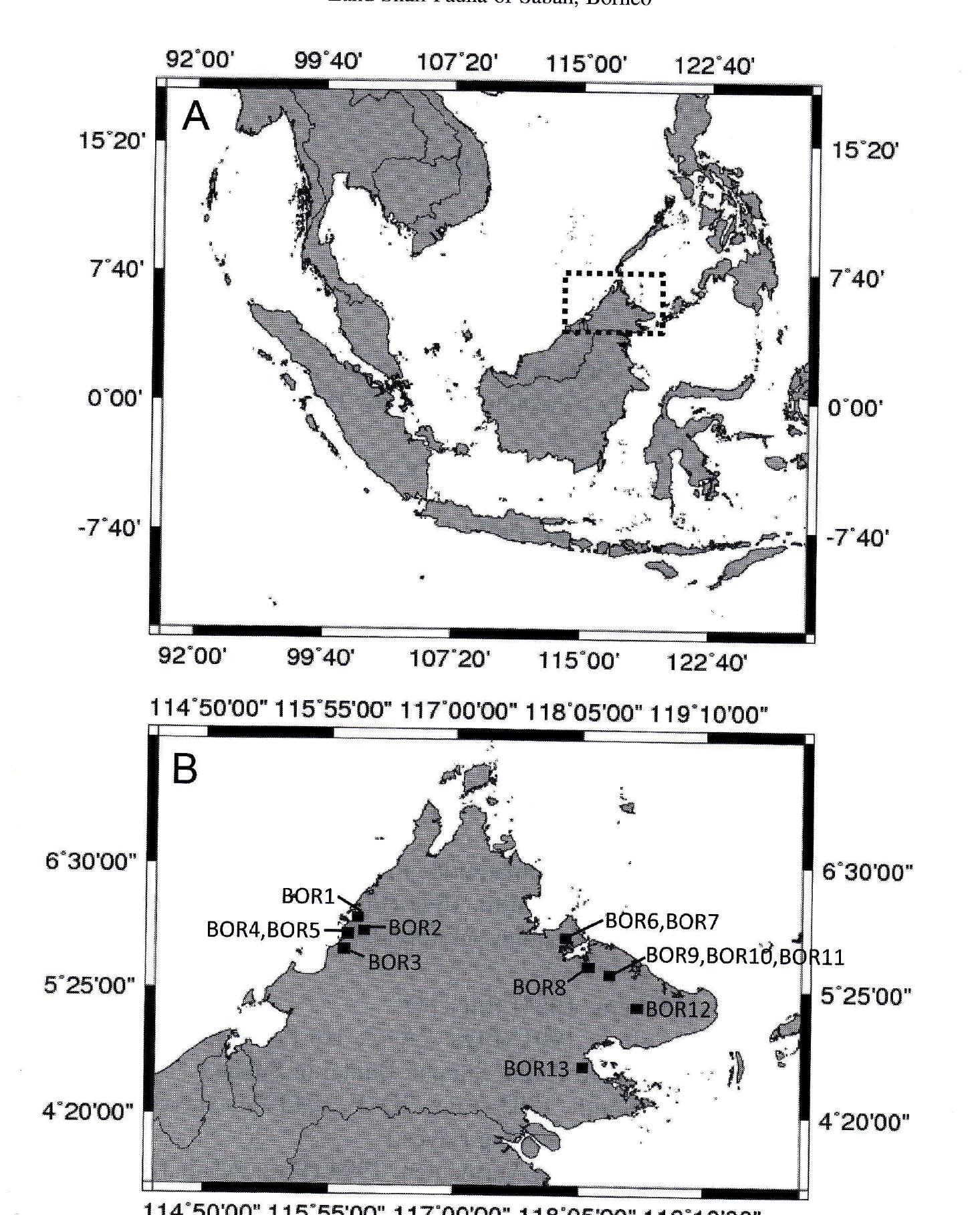 Map of sabah, with locations of the sampling sites. a. sabah