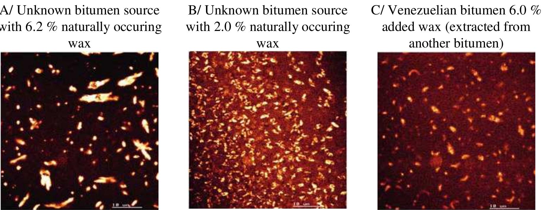 Various geometries of wax crystals inside bitumen as
