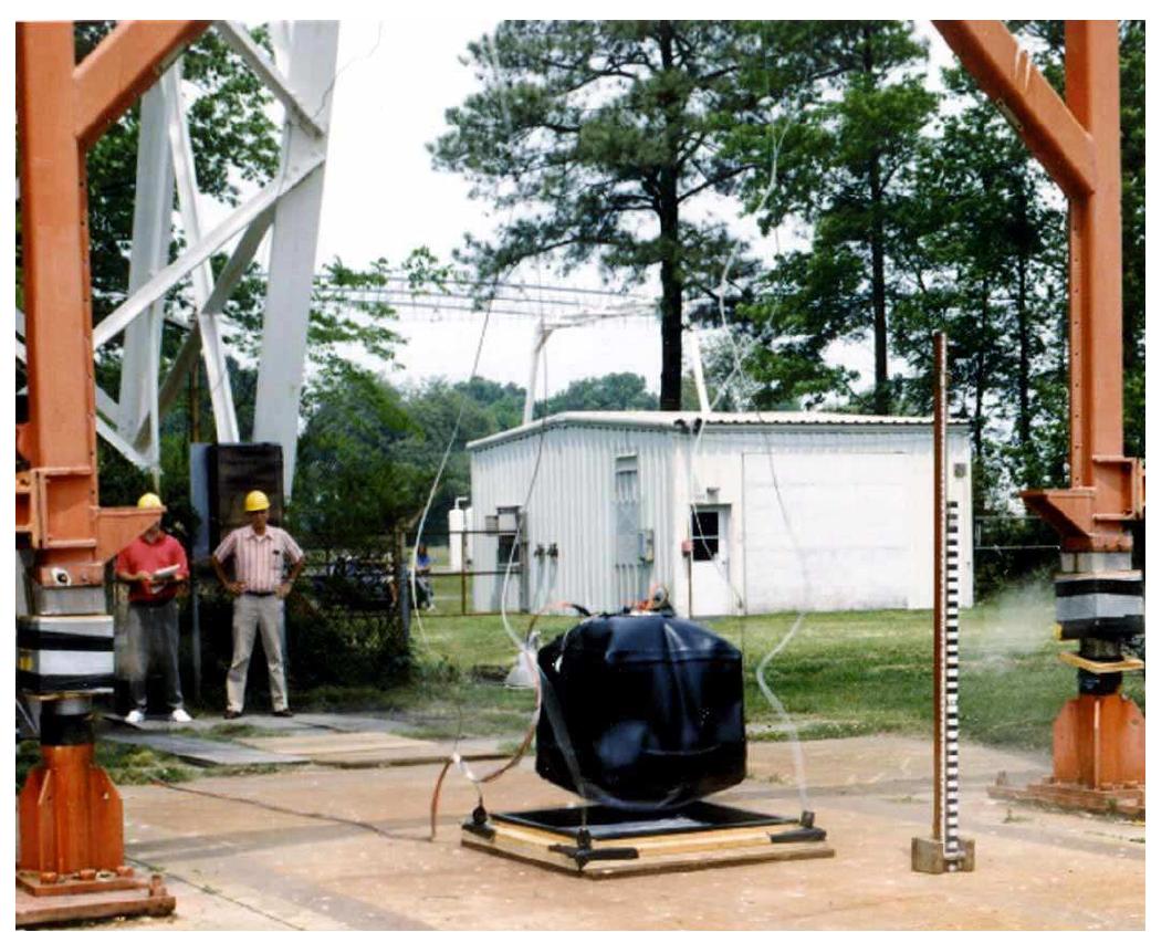 Photograph of a fuel bladder drop test. element program