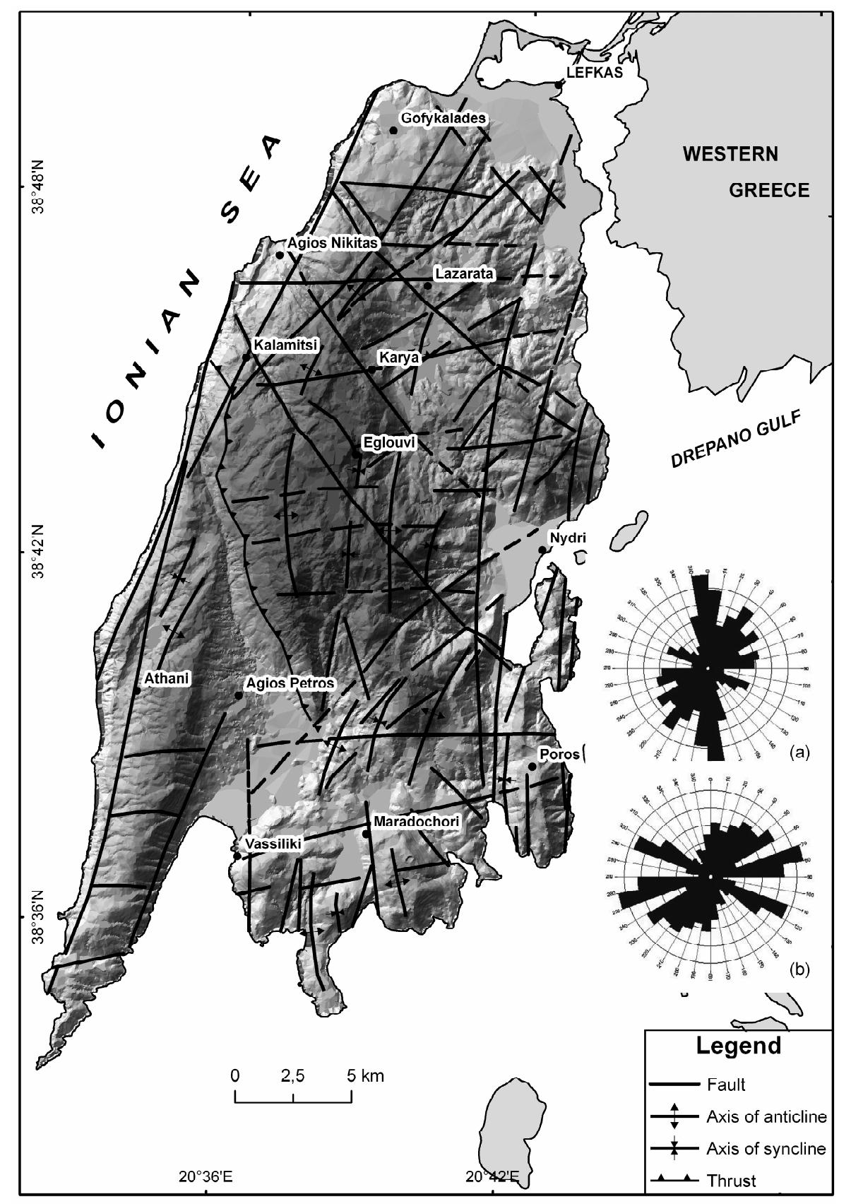 Tectonic map of lefkas island with the rose diagram of