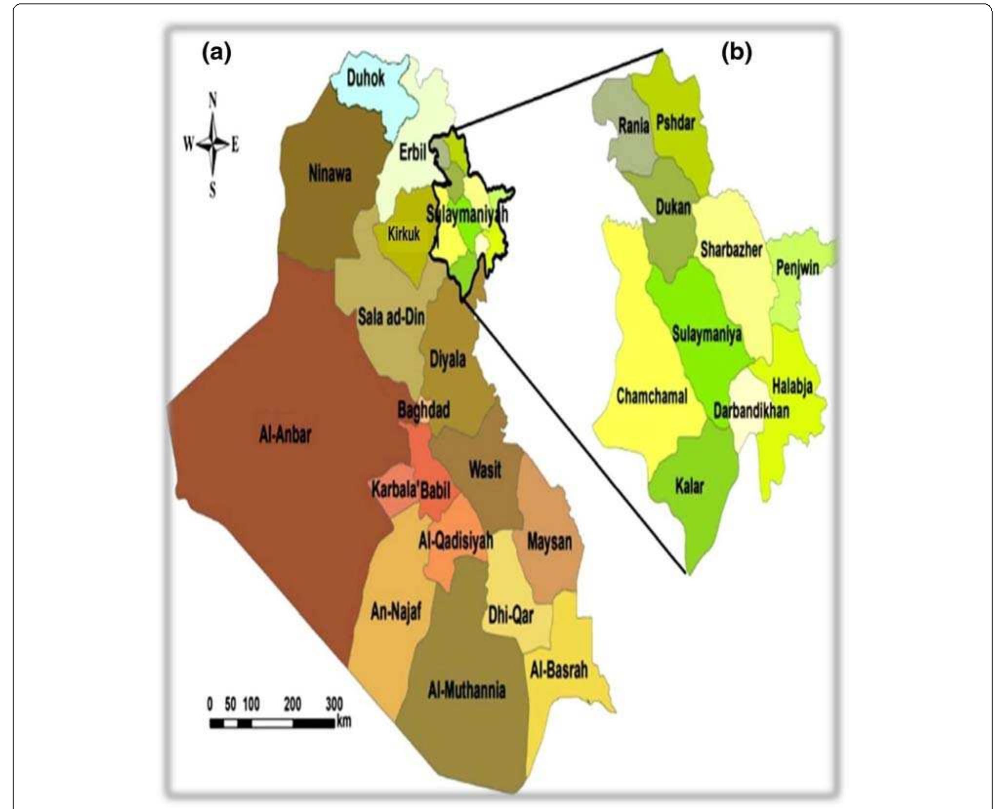 A map of iraq, b map of the sulaymaniyah province, where the