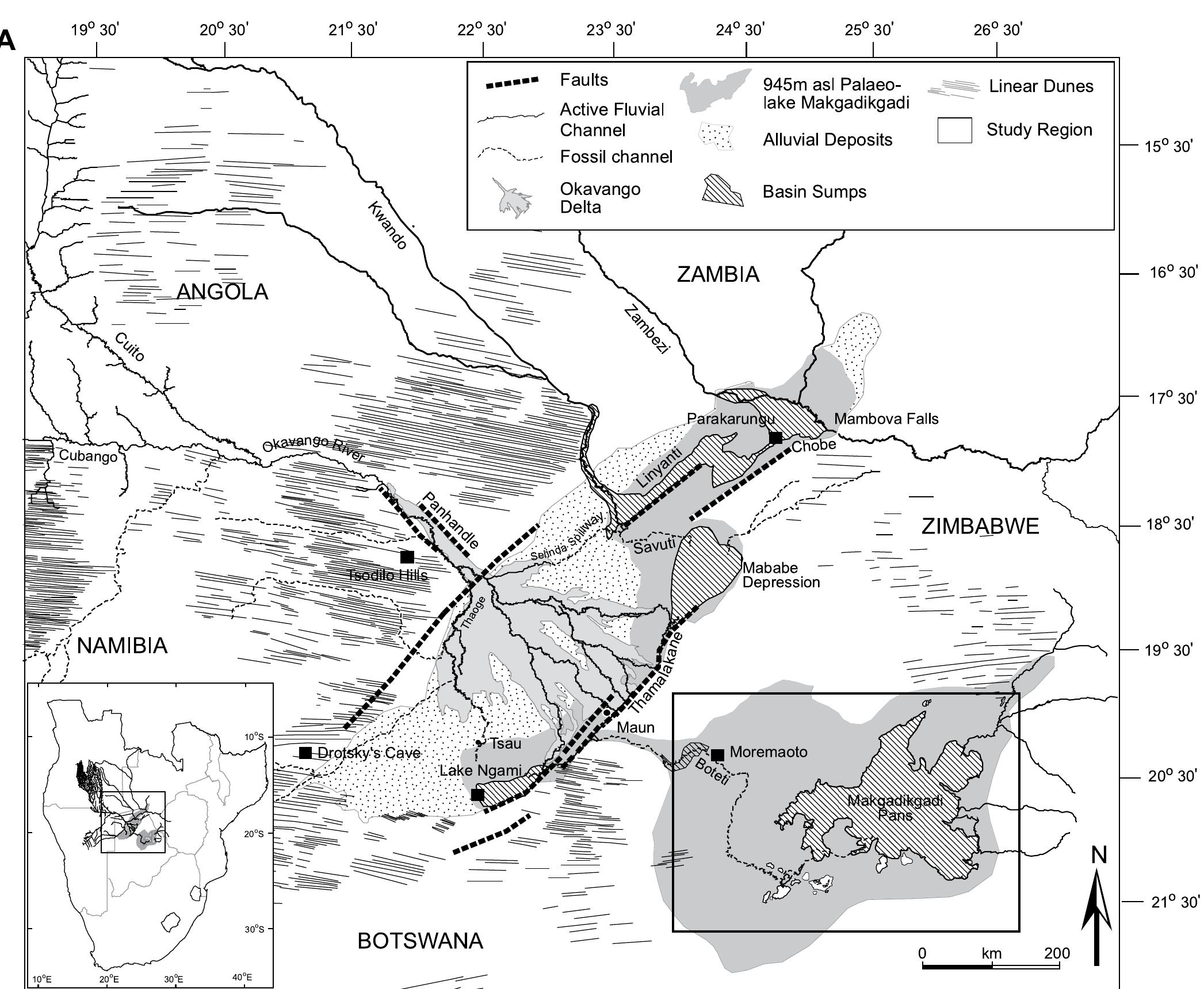 A): location map of palaeolake makgadikgadi. b) detailed map