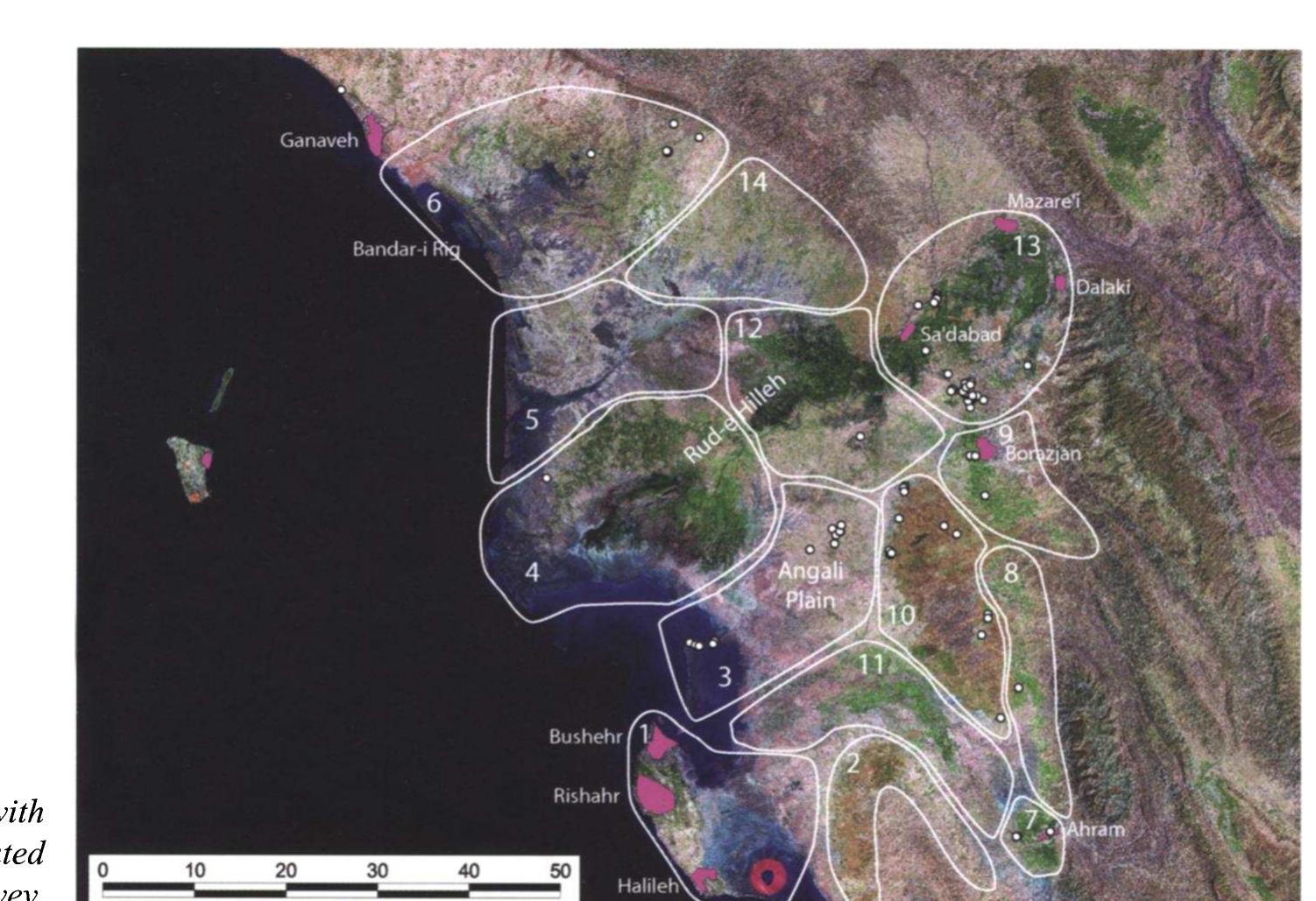 Map of the study area, with 5 m. contour lines and sites