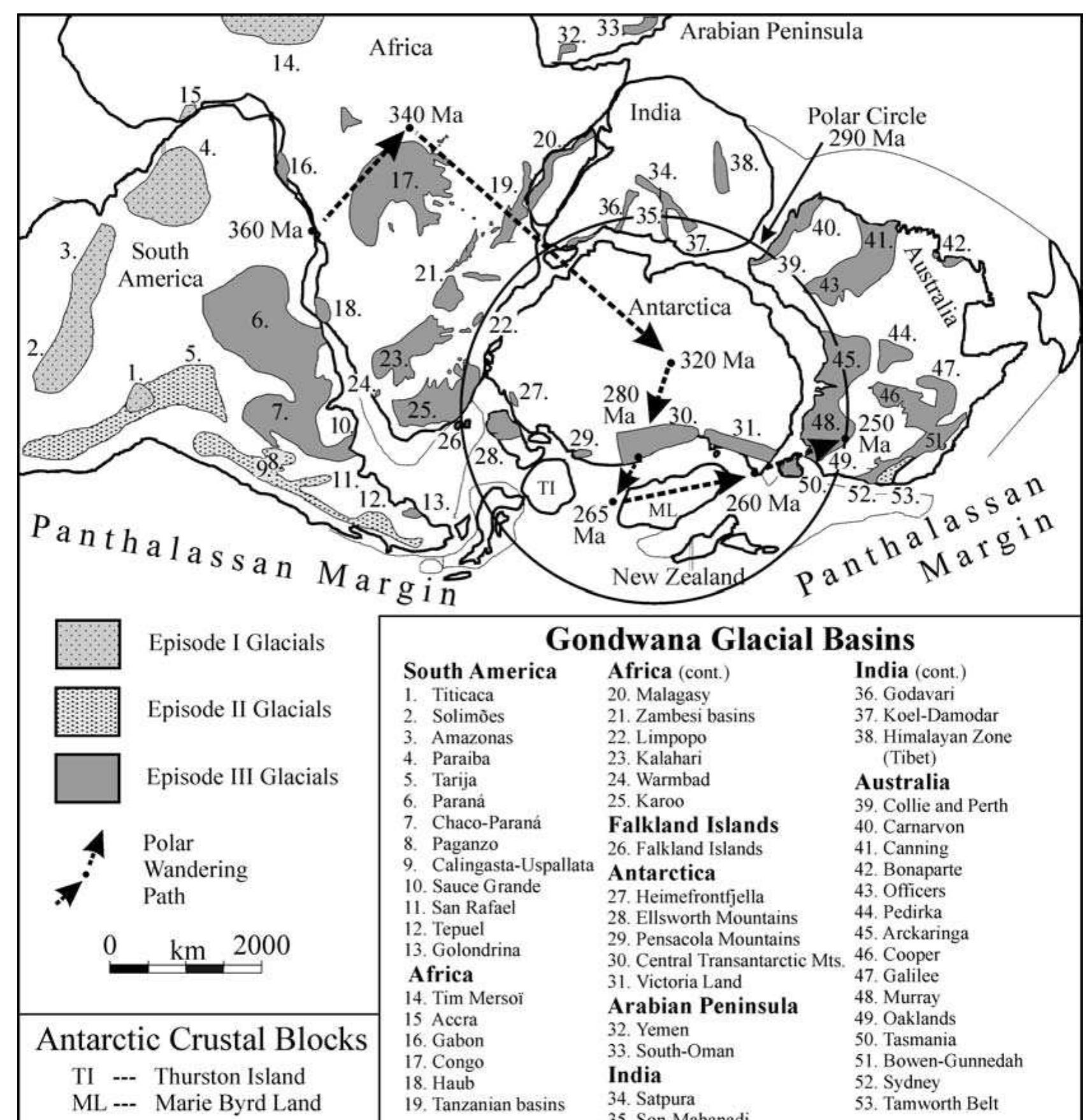 Reconstruction of gondwana showing basins with upper