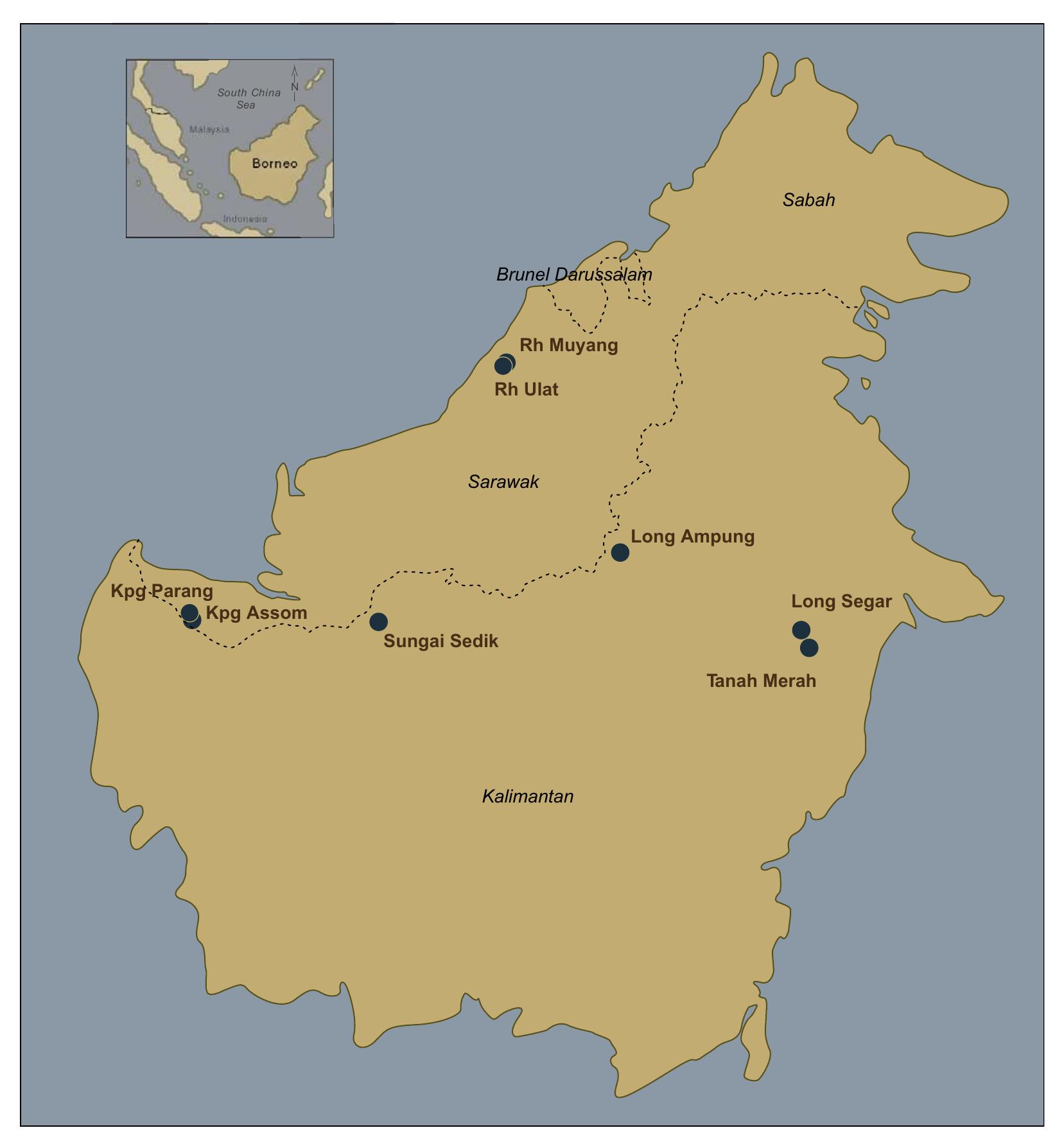 Map of borneo with location of communities studied.