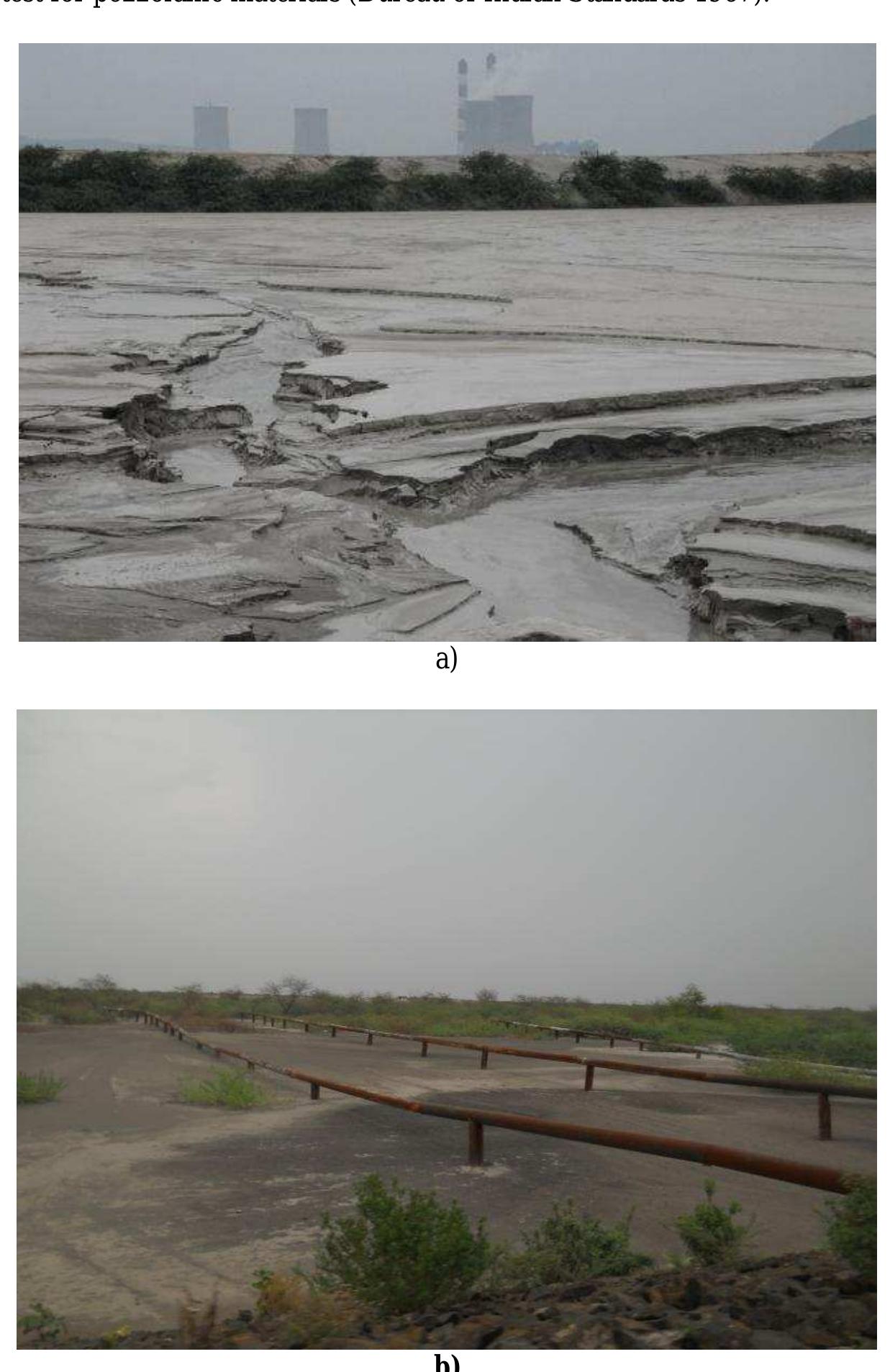 -1: a) dumped pond ash b) disposal of pond ash through pipe