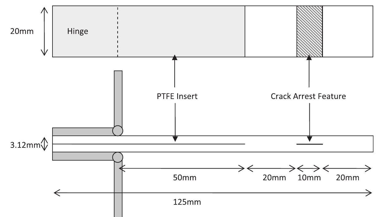 Dcb test specimen geometry and interleaved strip location.