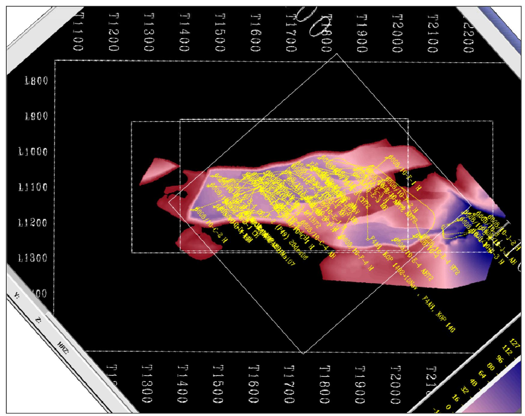 Map of the seismic survey area, with wells demonstrates the