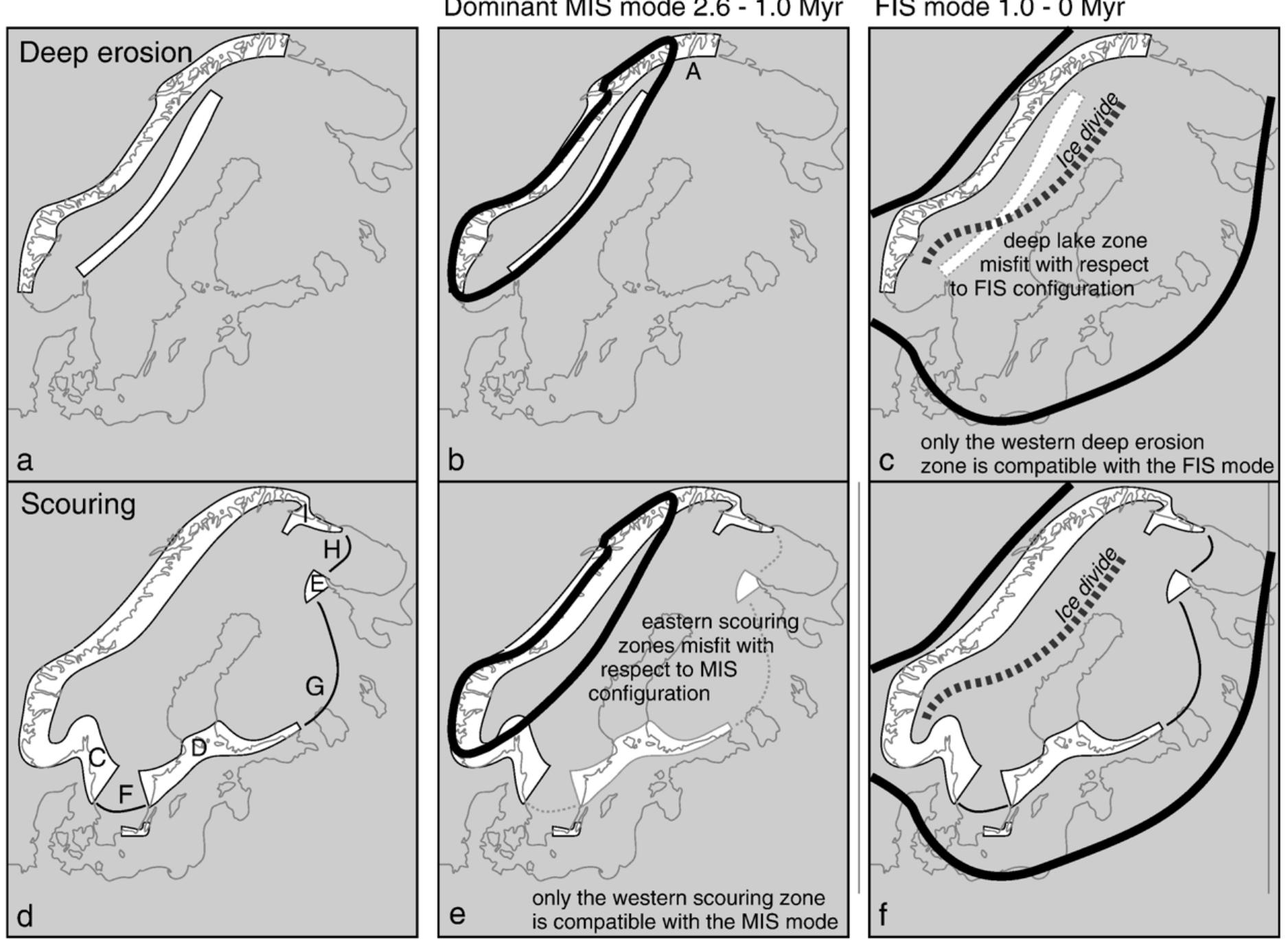 Conformance of the zones of deep linear erosion (panels a—c)