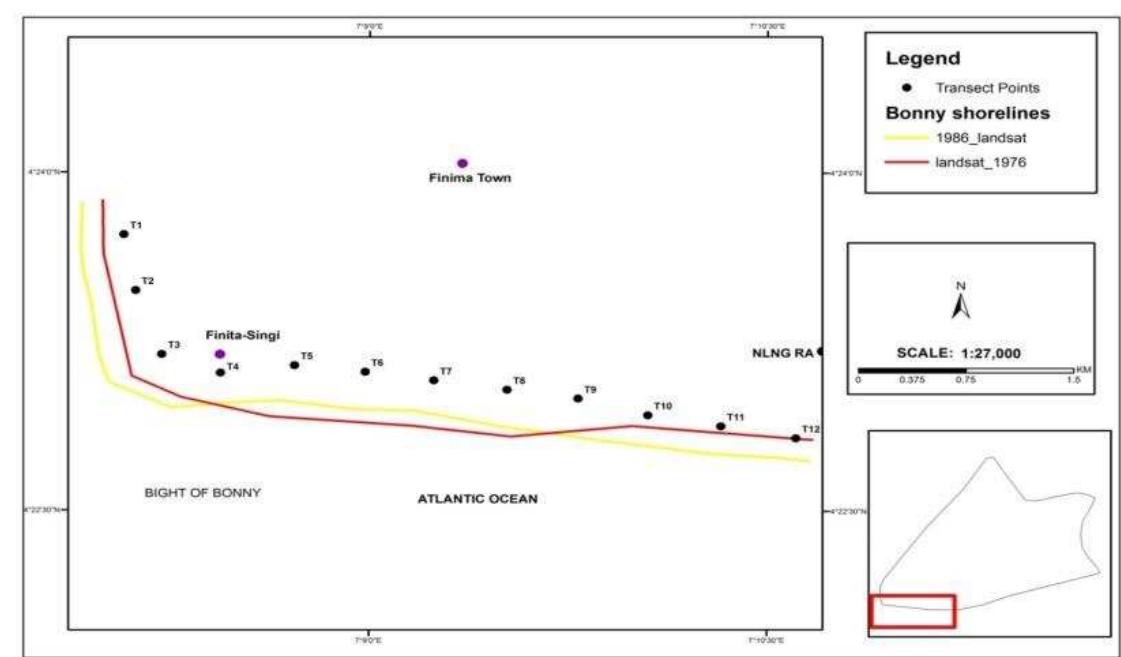 Showing shoreline map of the 1975-1986 period the map below