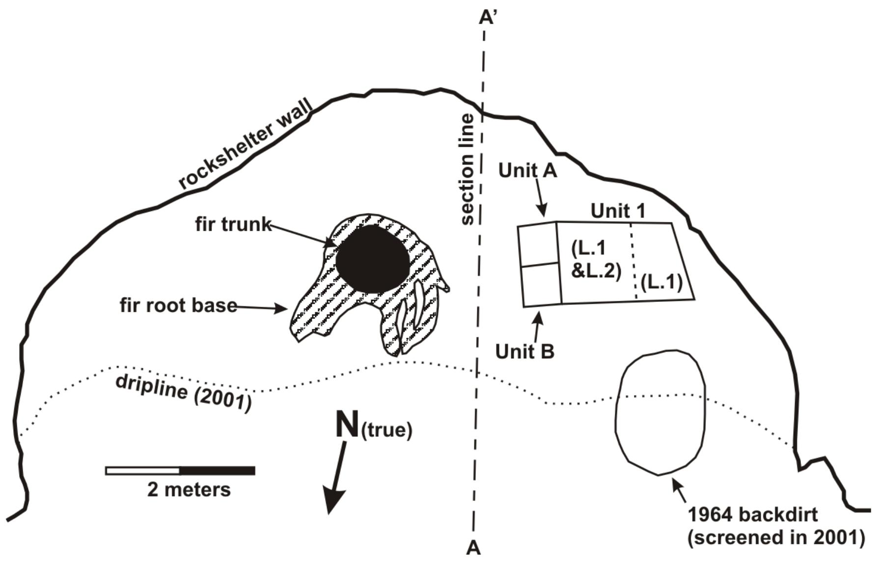 Plan map of fryingpan rockshelter. unit 1 was the original