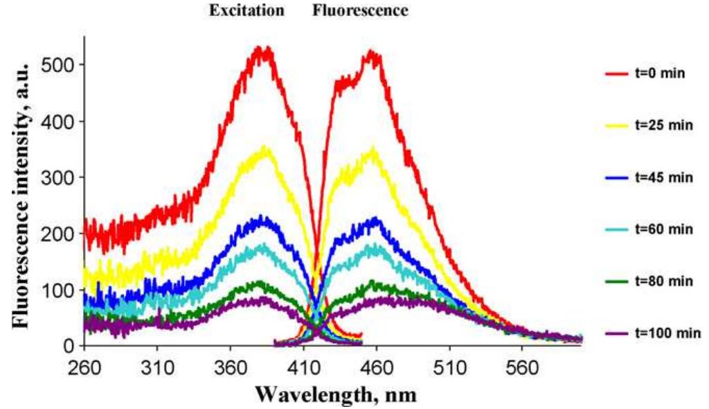 Excitation and fluorescence spectra of 1 at different