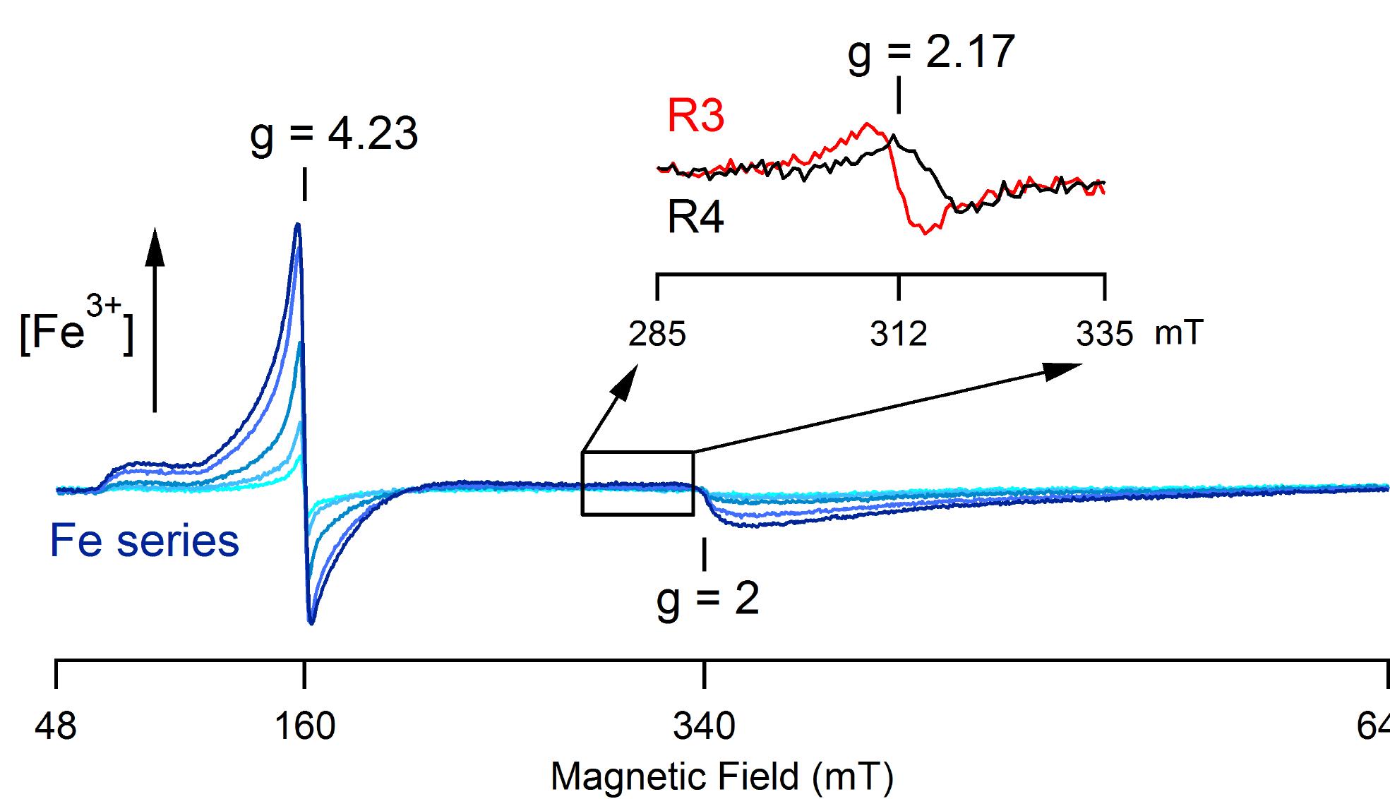 Epr spectra of the fe-series exhibit two main features at