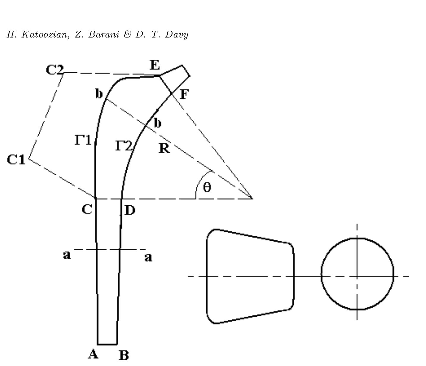 Implant geometry and cross-sections at b-b and a-a.