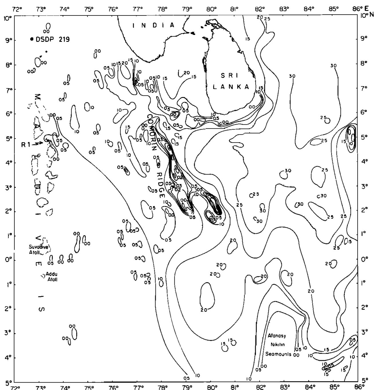 Sediment isopach map derived from seismic reflection