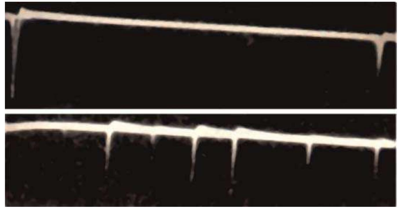 Top, time-of-flight mass spectrum of rubidium: bottom, xenon