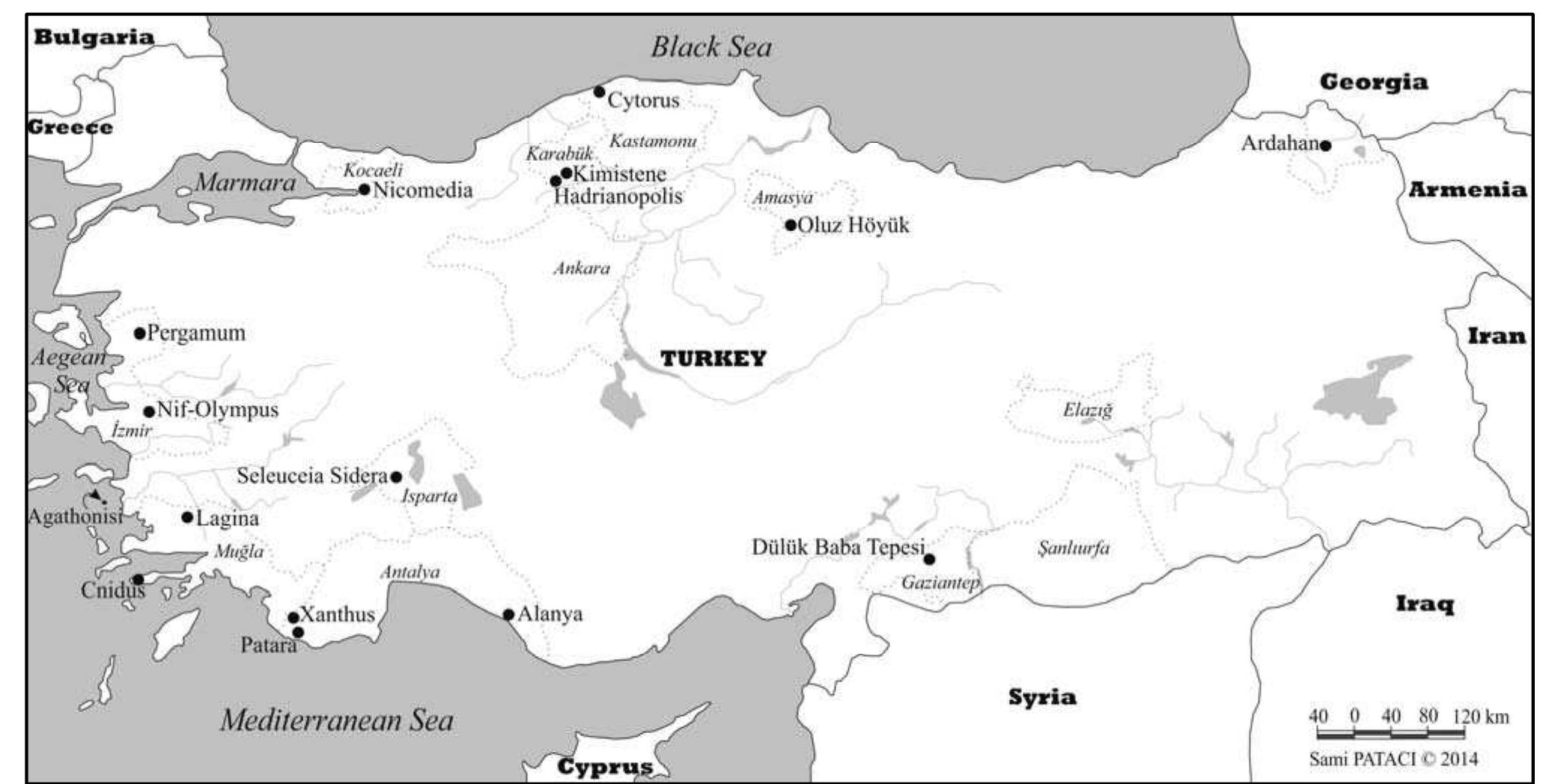 Map 1: map of turkey with represented archaeological sites