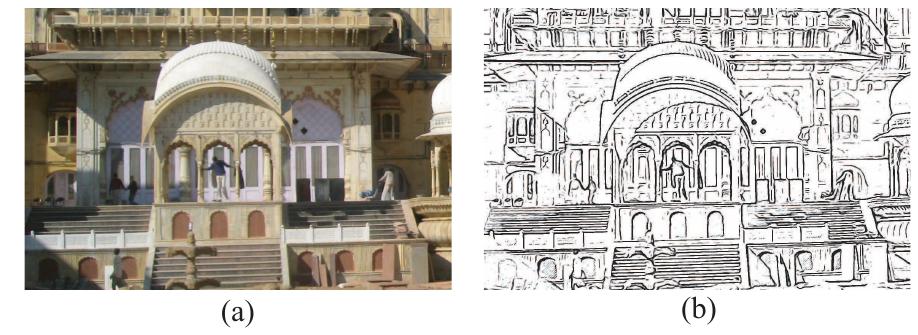 (a) input background image; (b) line drawing of the