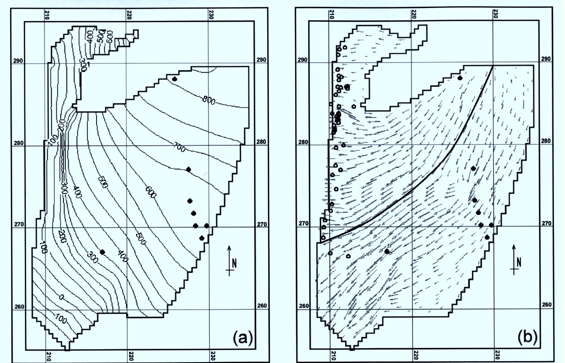 Groundwater head (a) and flow directions (b) maps in the