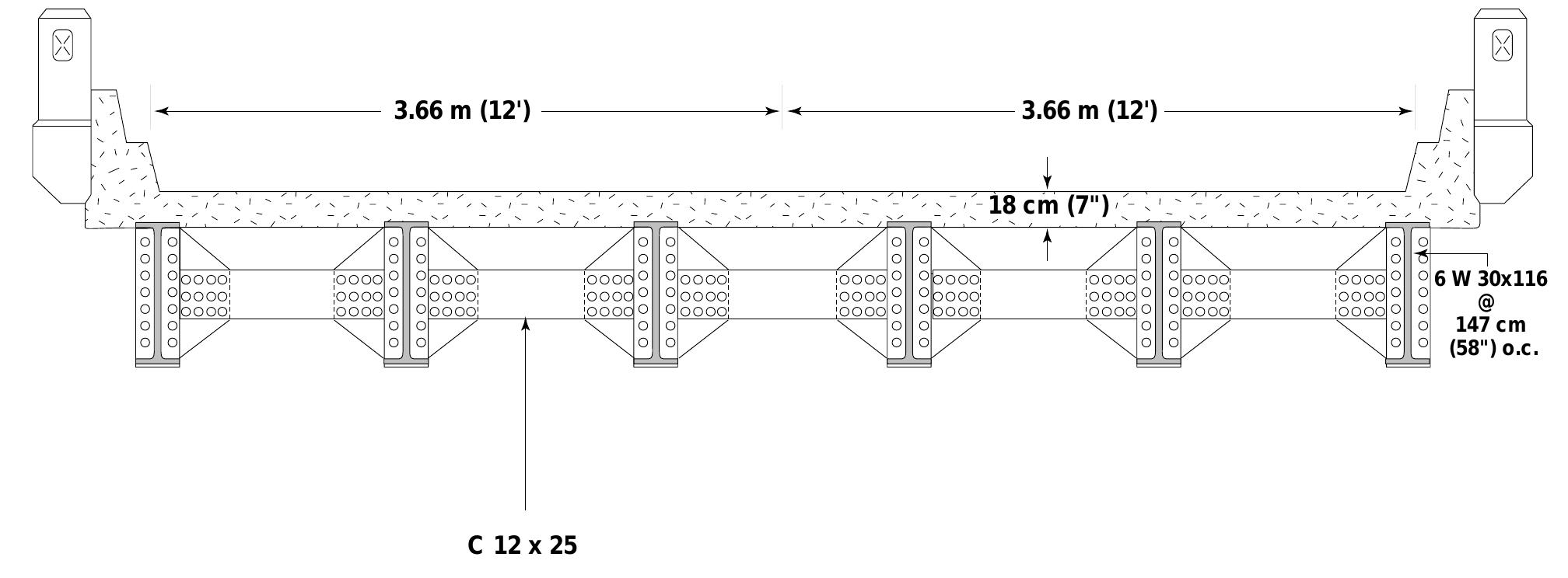 Cross section of the bridge at the location of the interior