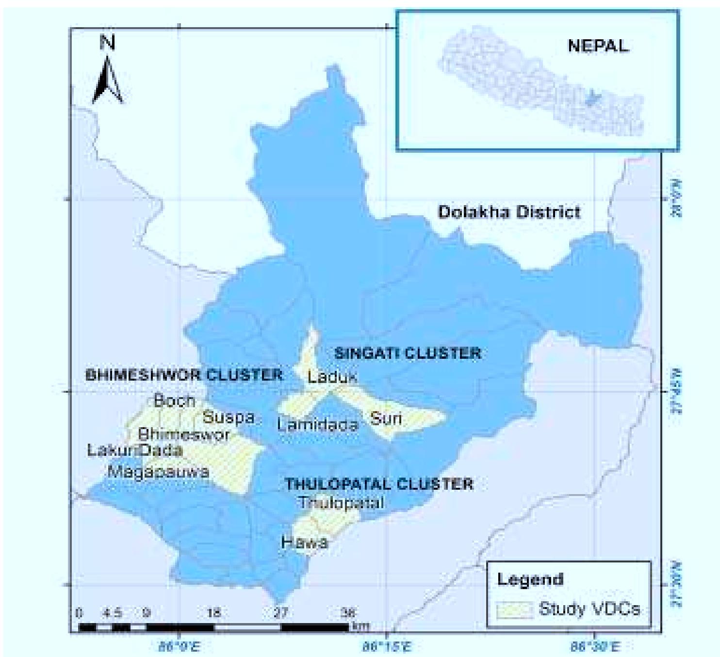 Study area map showing locations of three study clusters in