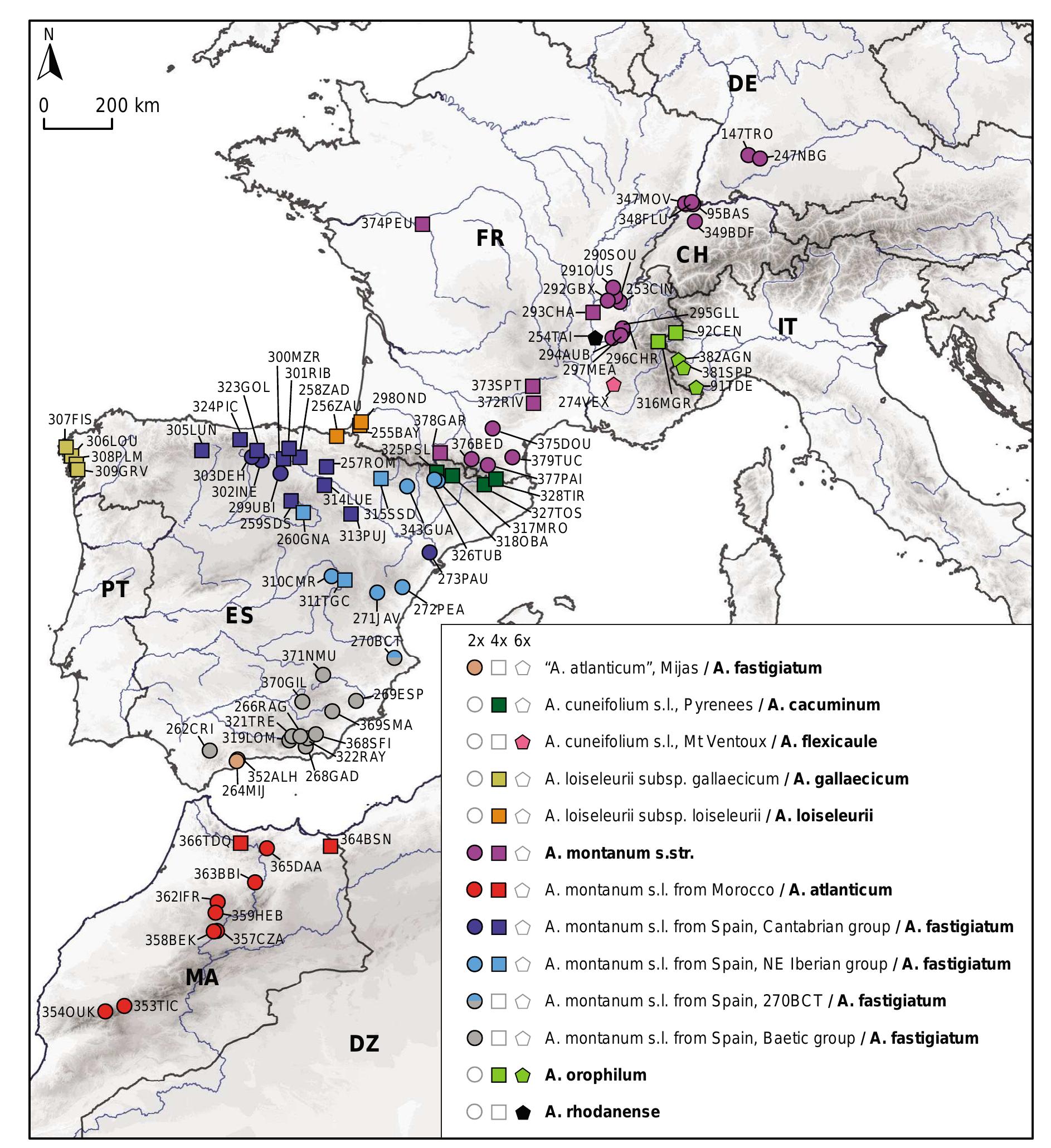 Map of sampling sites. symbol shapes indicate ploidy level,