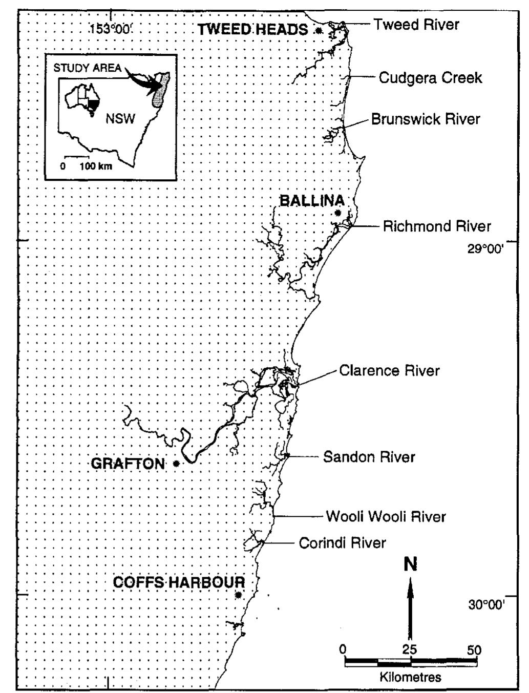 Map of the study area showing the eight estuaries sampled.
