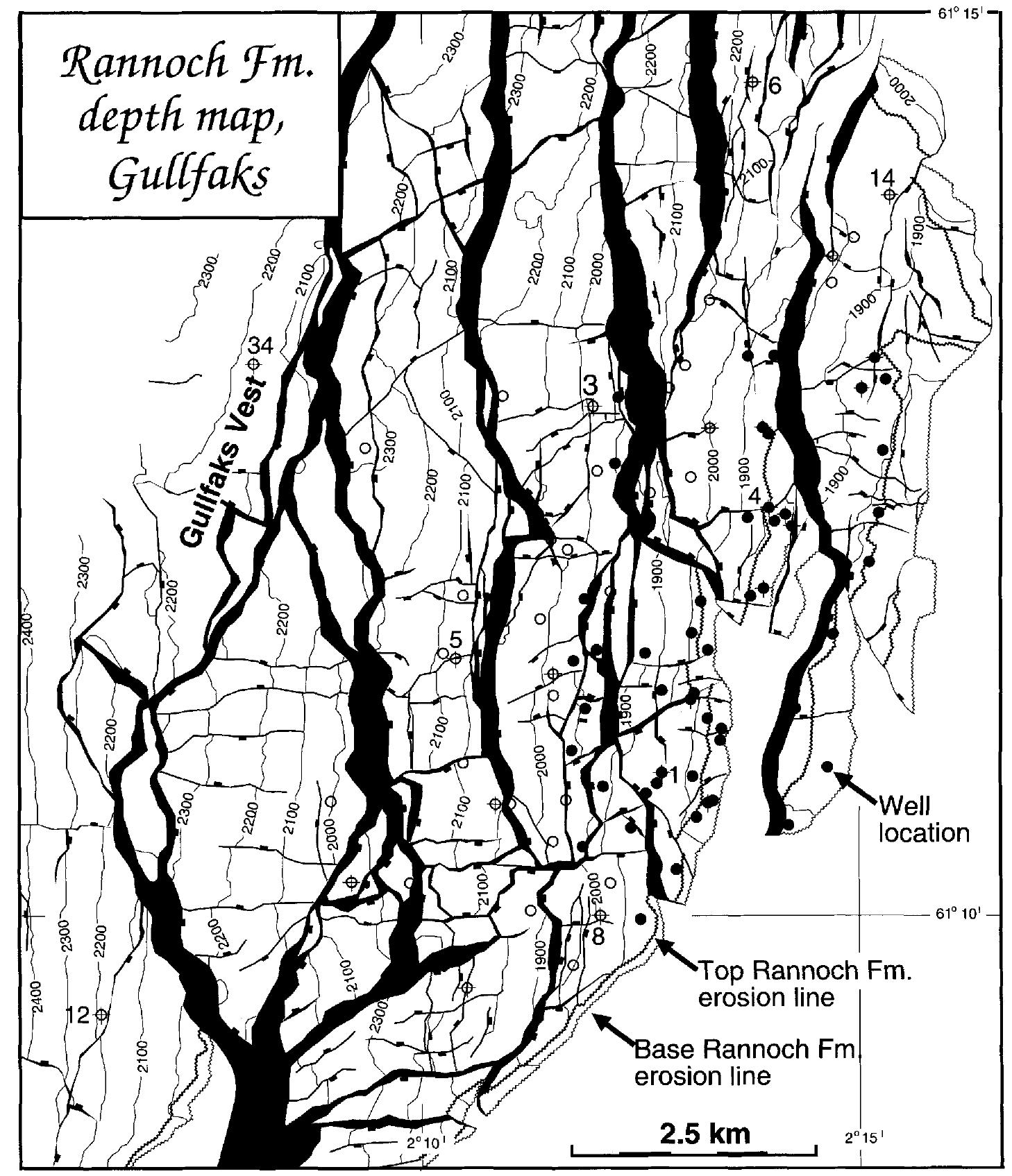 Depth map of the rannoch formation in the gullfaks field.
