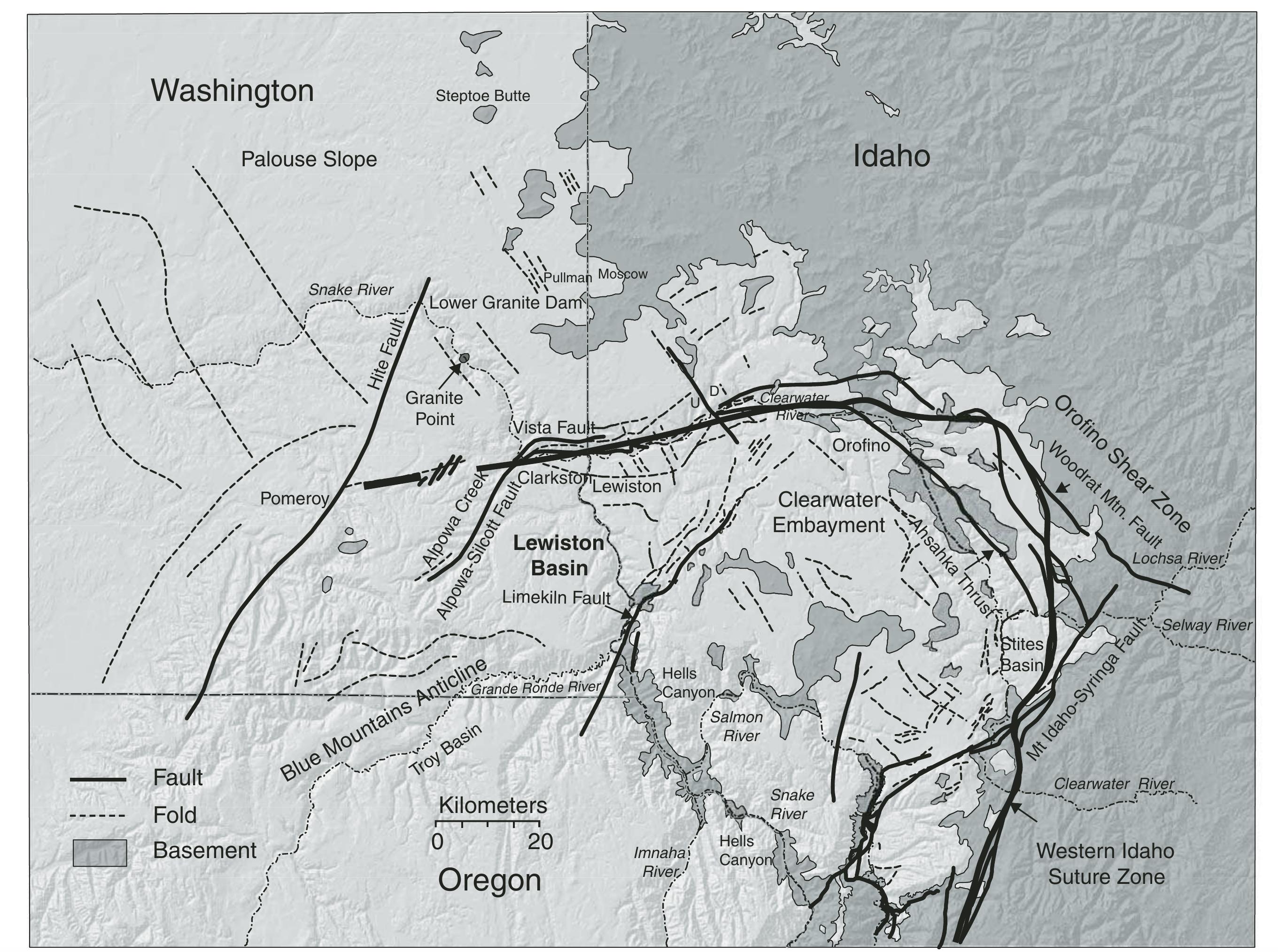 Shaded relief map showing main faults and folds of the