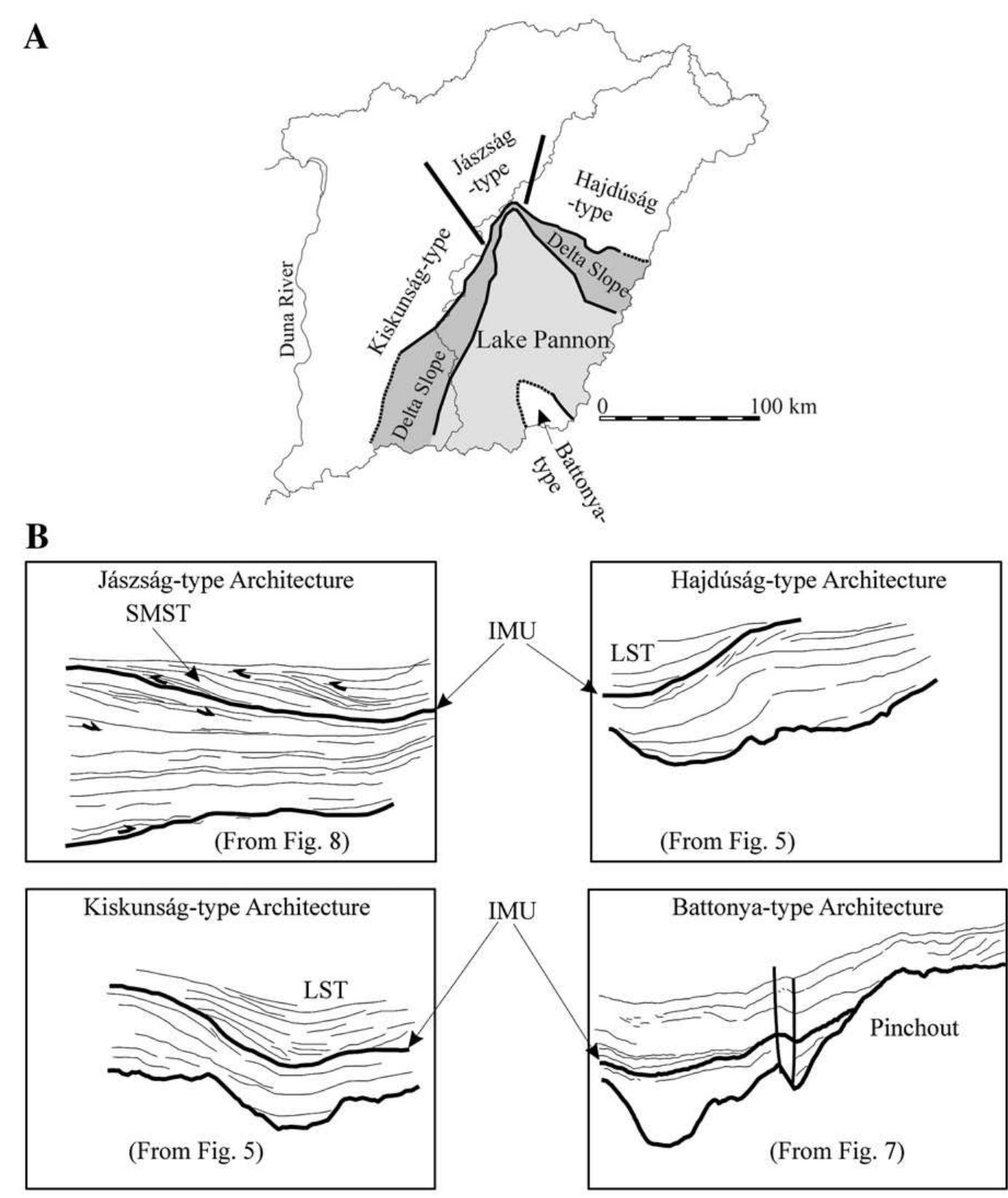 A. map of lake pannon at messinian time. four types of